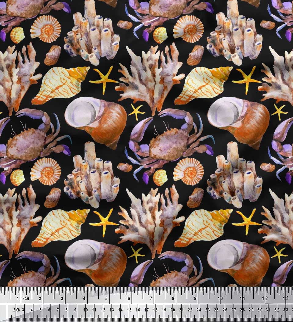 Soimoi Black Rayon Crepe Fabric Crab,Shell & Coral Ocean Fabric Prints ...