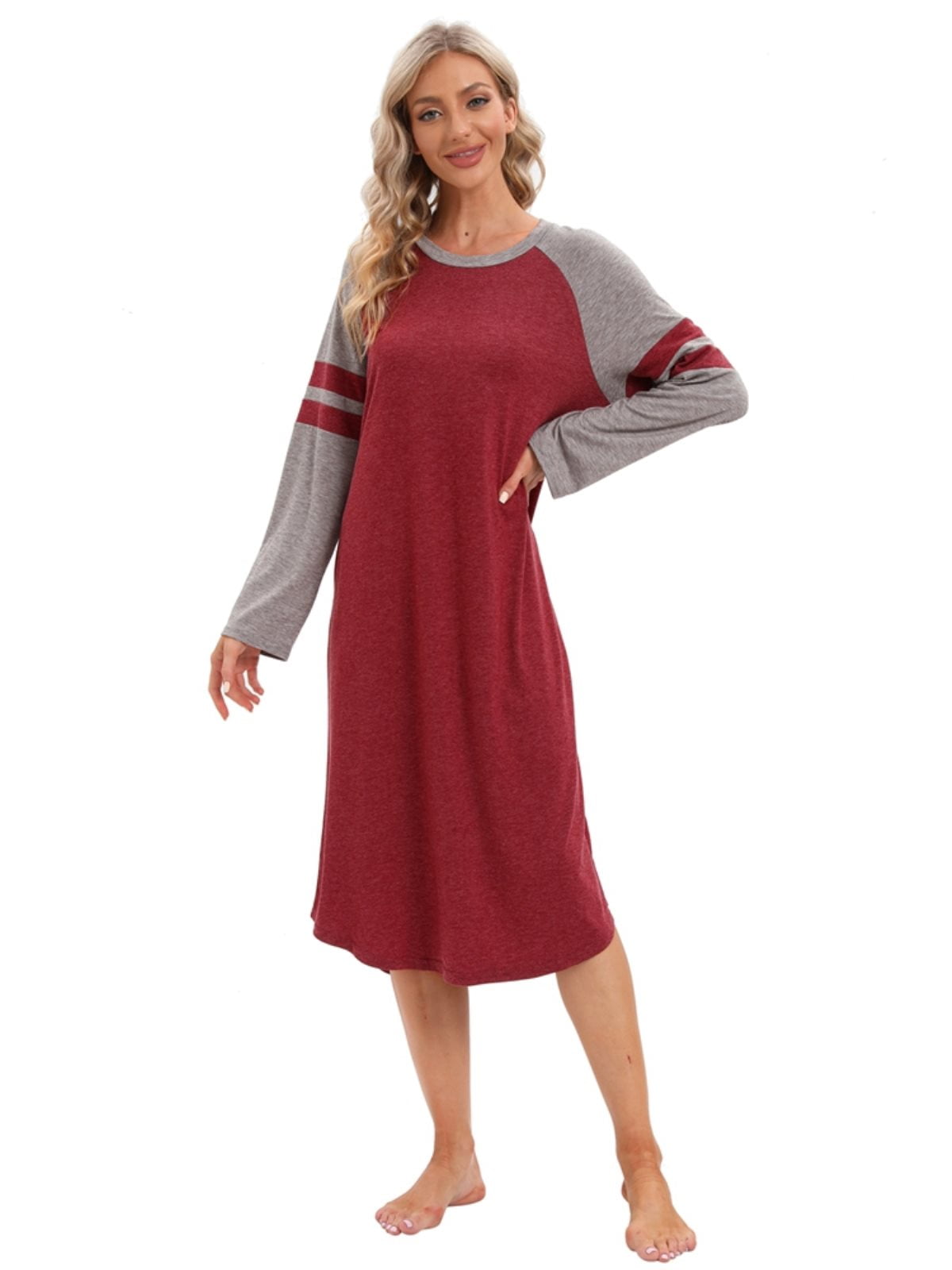 Sunsent Women's Nightgown Cotton Long Sleeve Sleepshirts Round Neck Mid ...