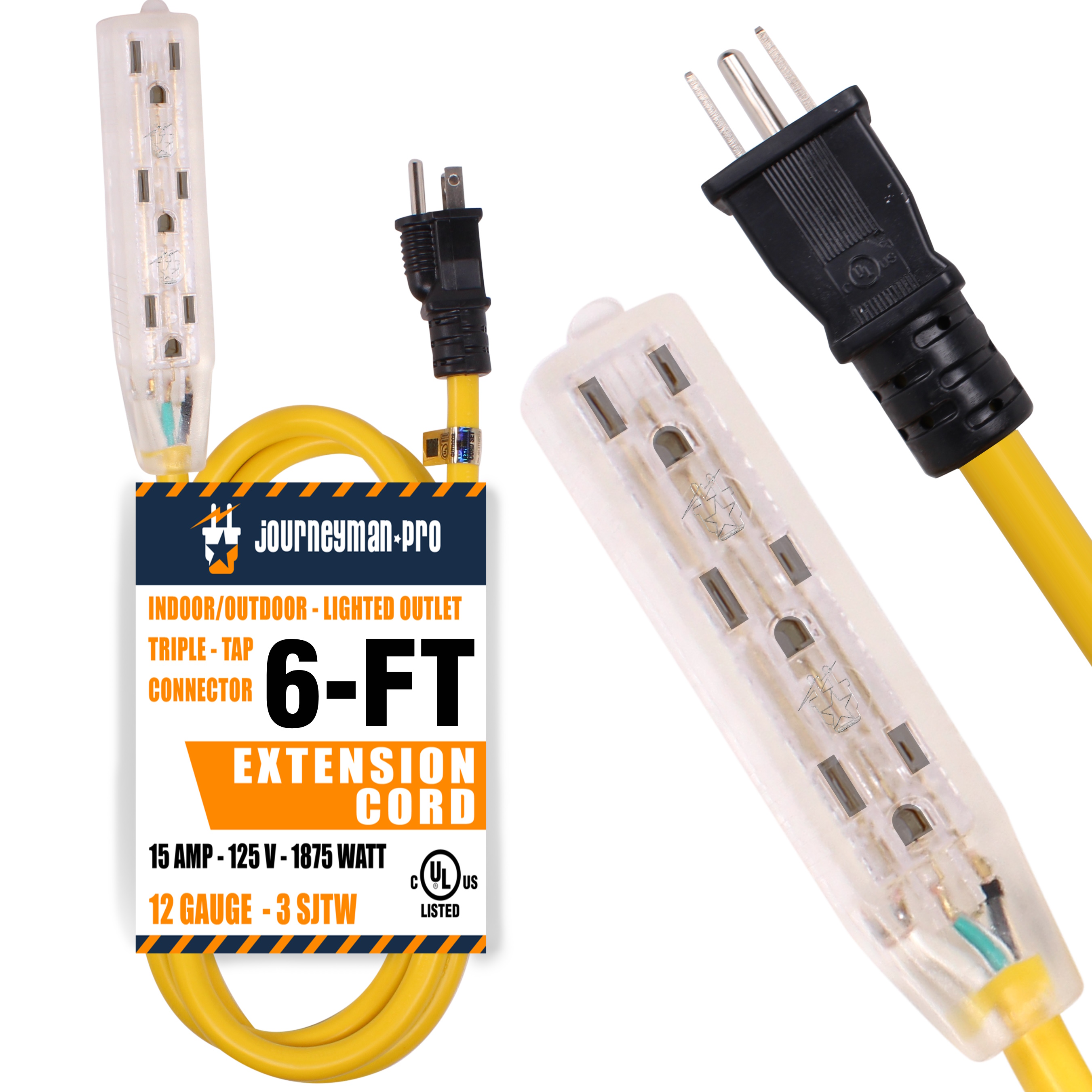 Lighted Outdoor Extension Cord - Heavy Duty Yellow Power Cable Splitter ...