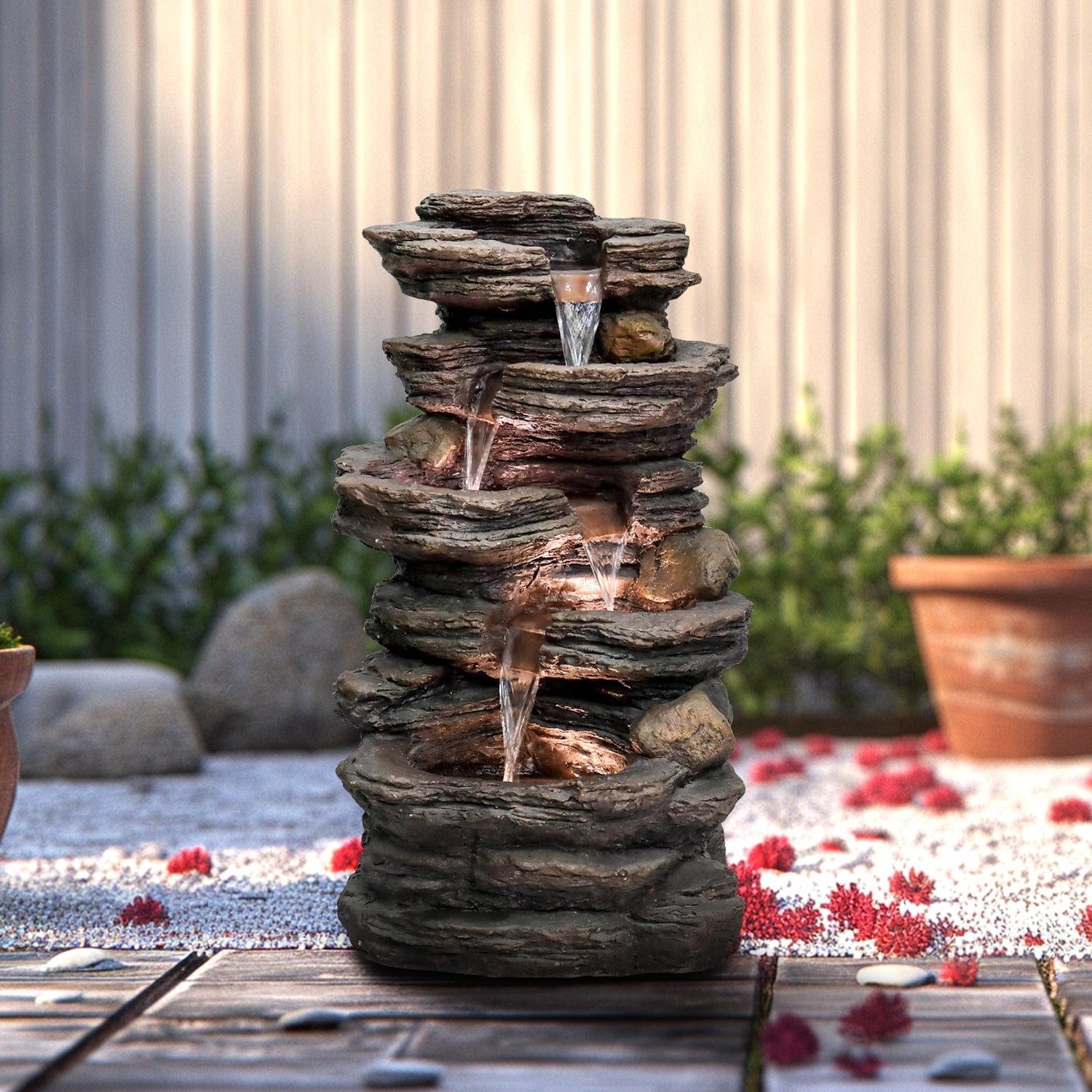 Patio Fountain 20 Inch Height Biling 5-Tier Cascading Rock Outdoor ...