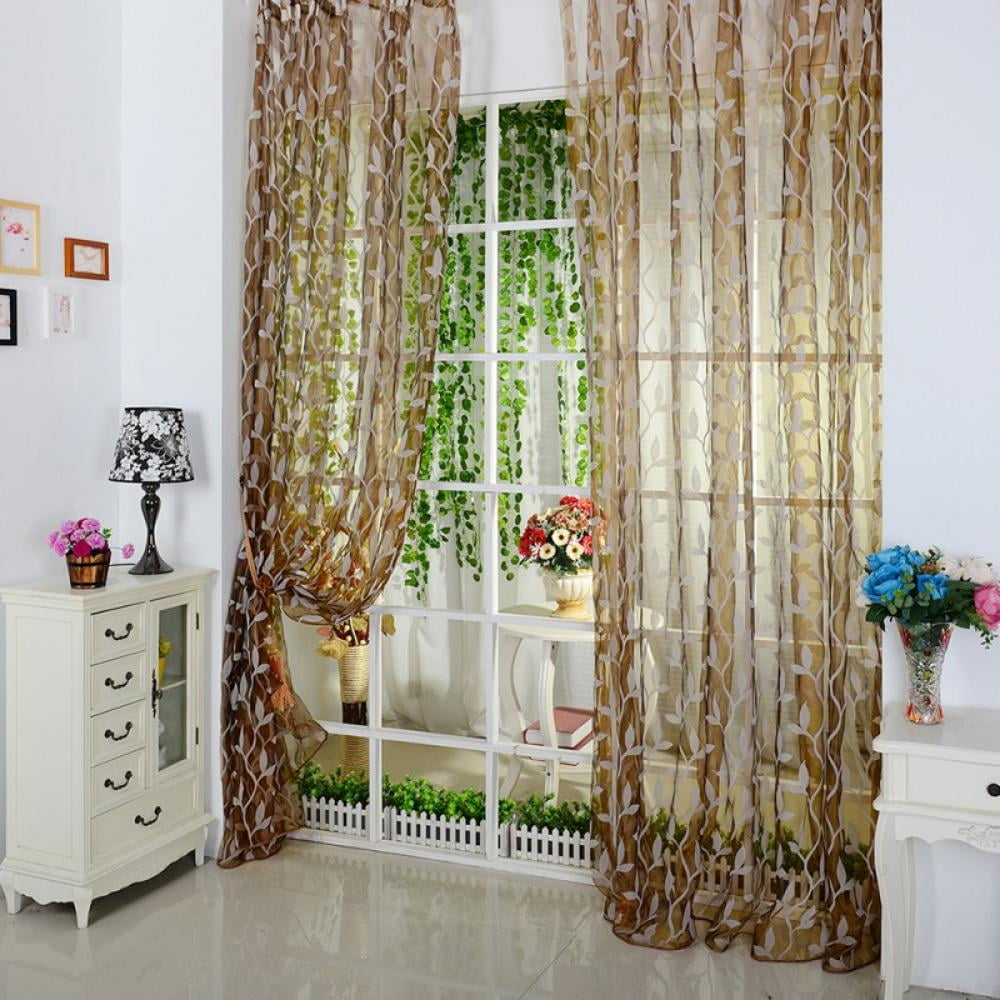 2 Panels Embroidered Leaf Pattern Sheer Curtains Floral Voile Window ...