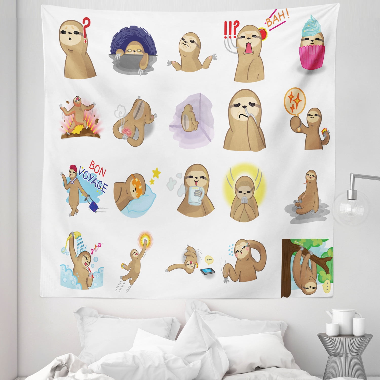 Sloth Tapestry, Manga Style Sloth Characters with Different Expression ...