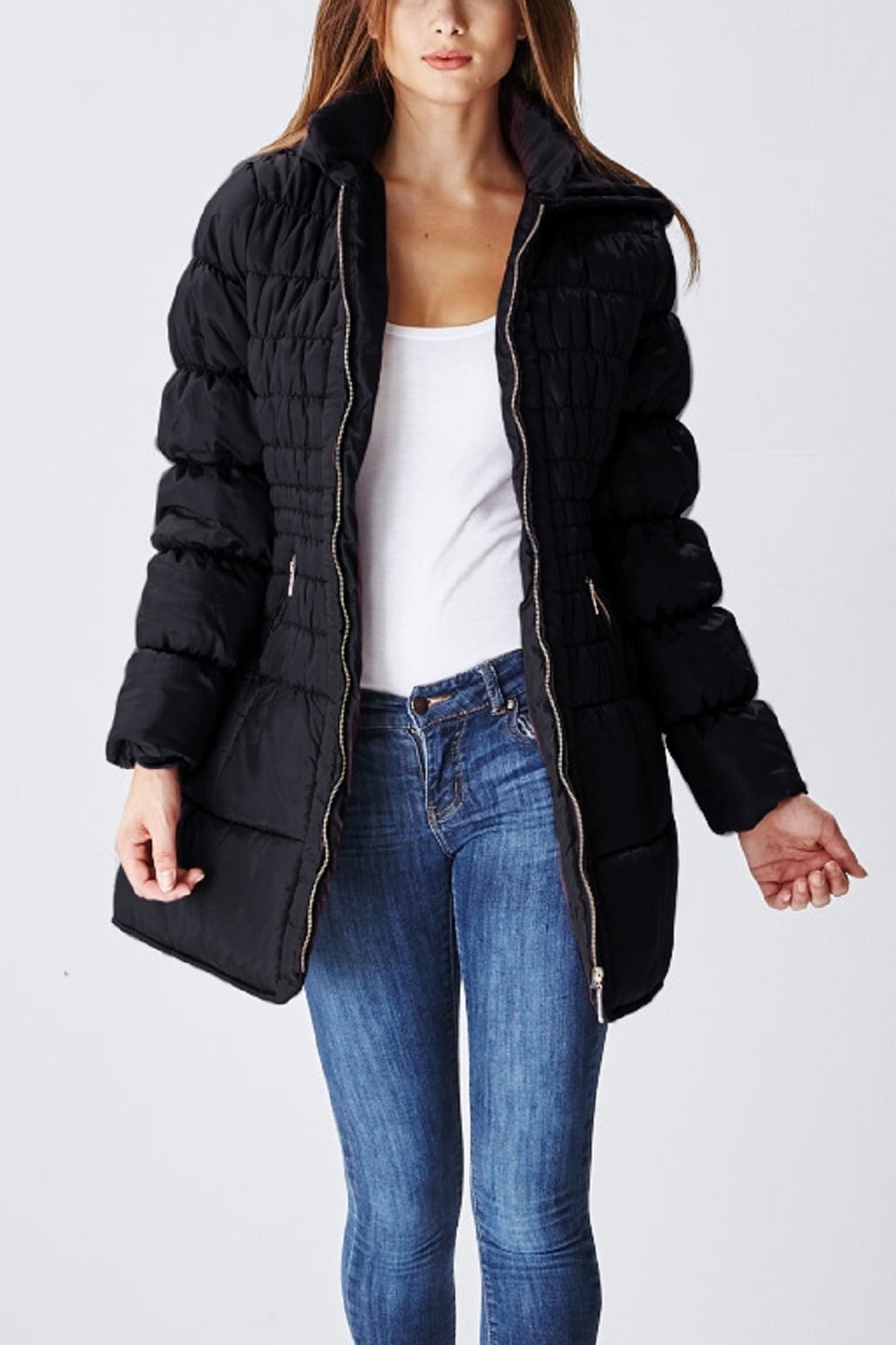 Lady Hooded Slim-Waist Long Puffer Jacket, Black, S - Walmart.com