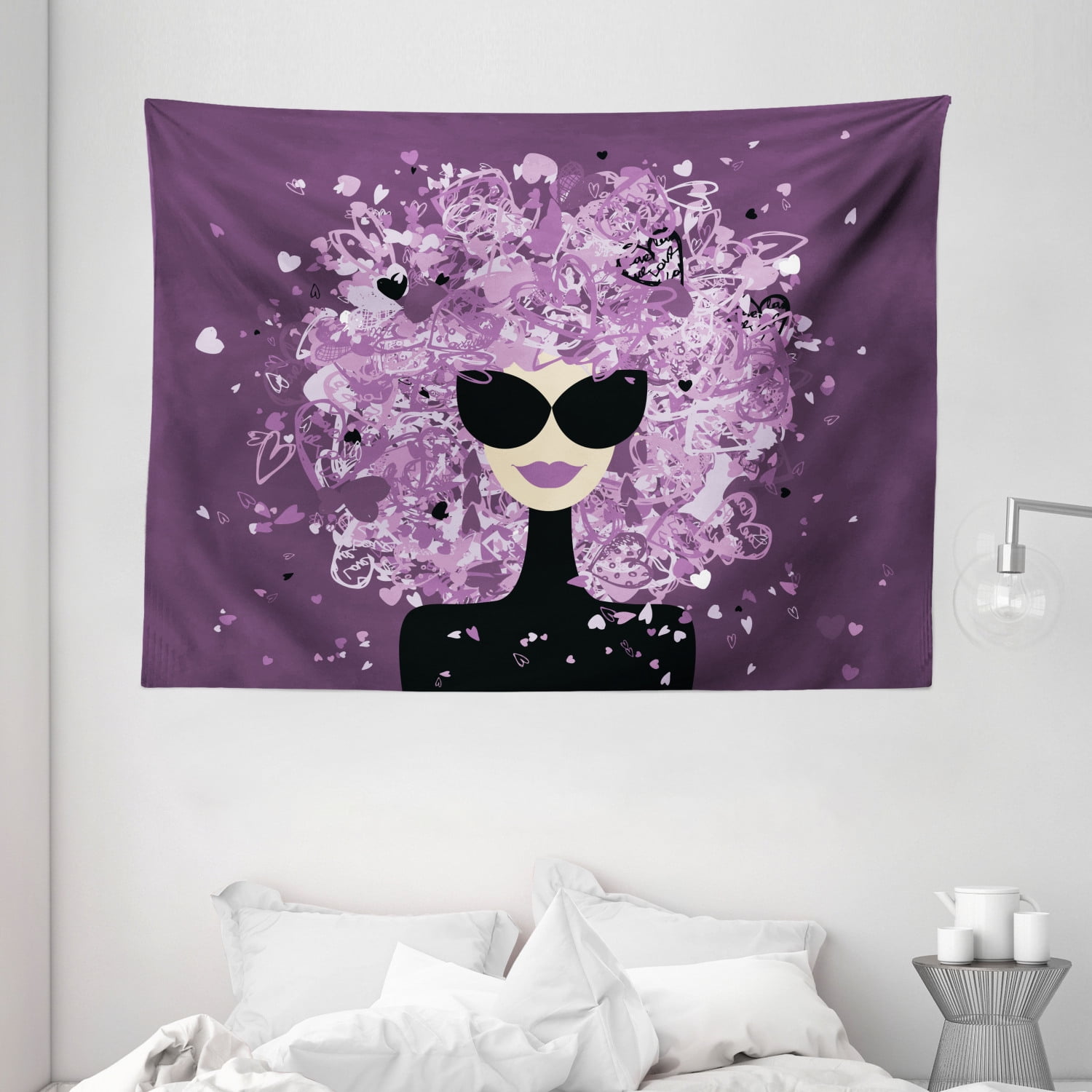 Girly Tapestry, Fashion Woman Portrait Artistic Messy Hair with Hearts ...