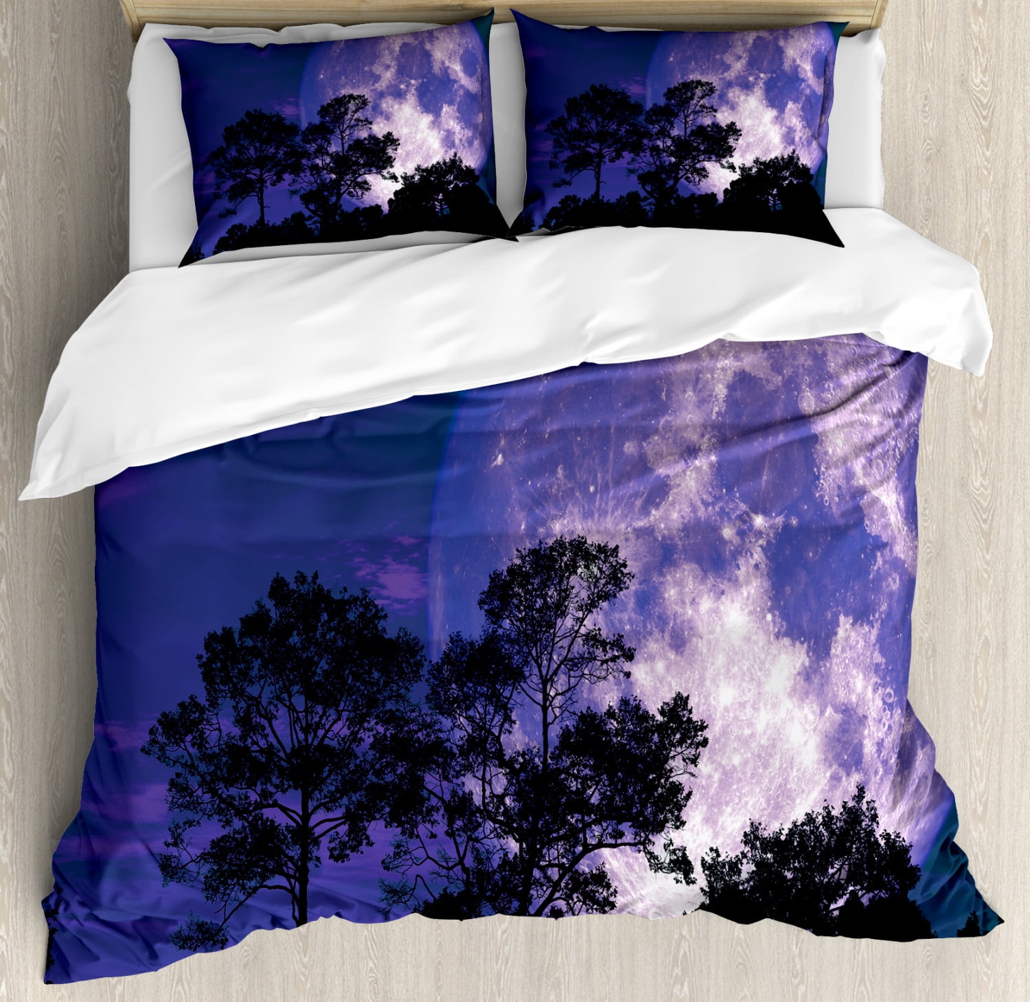 Full Moon Duvet Cover Set King Size, Tree Silhouettes on a Field and ...