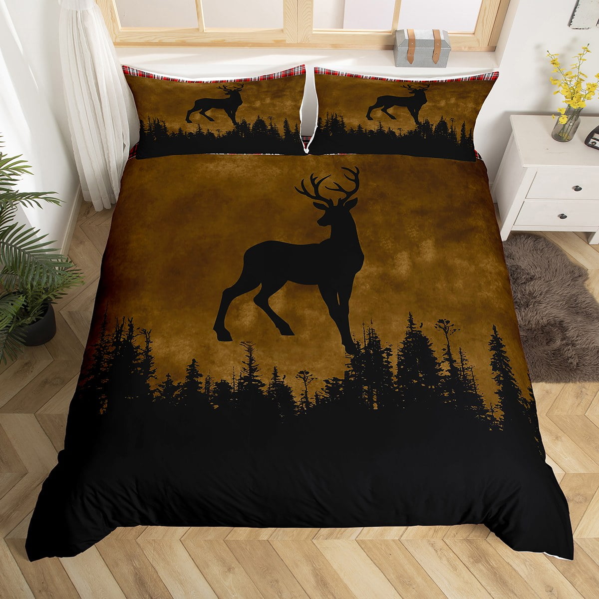 YST Elk Deer Duvet Cover King Brown Moose Bedding Set, Rustic Farmhouse ...
