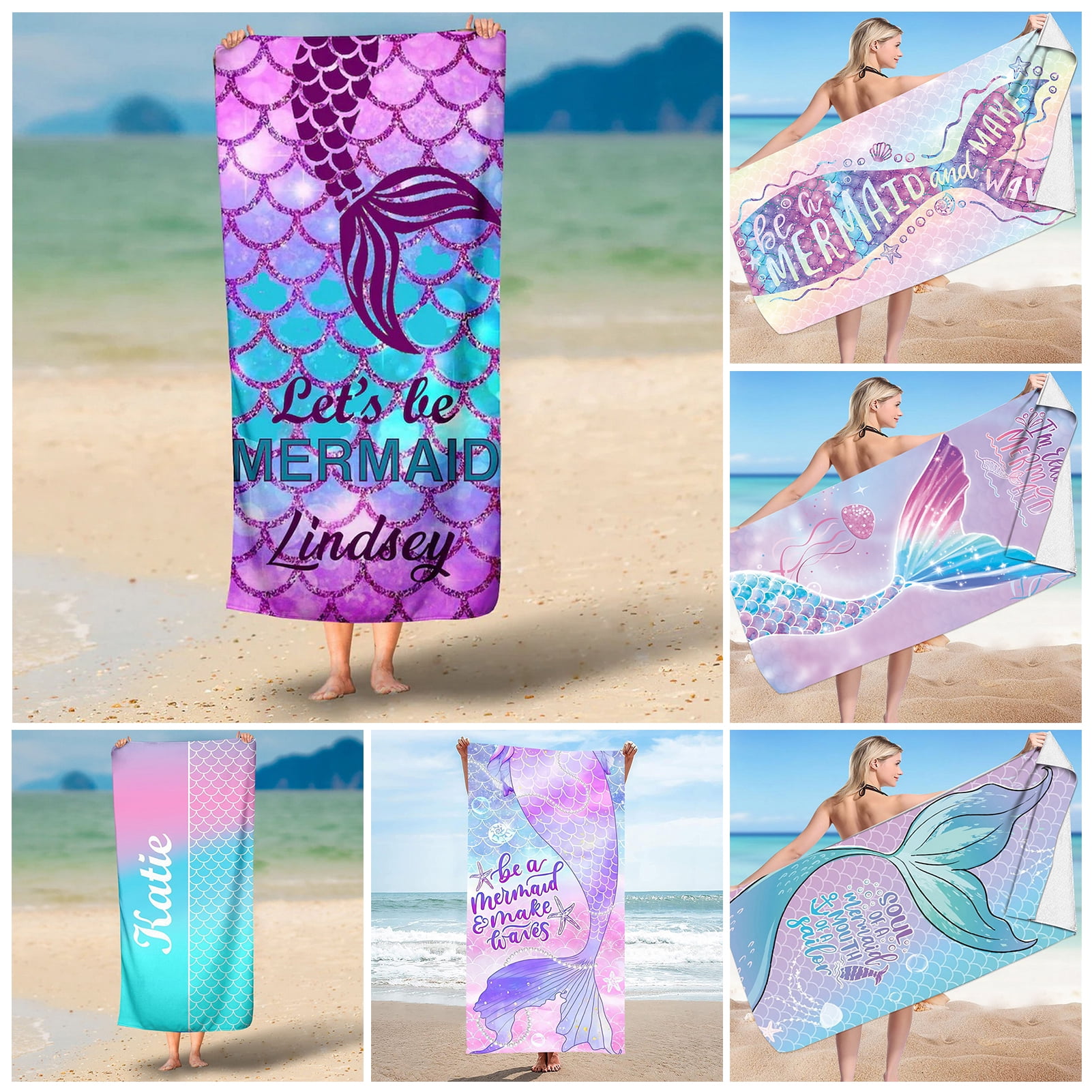 harmtty Beach Towel Soft Texture Water Absorption Mermaid Pattern ...