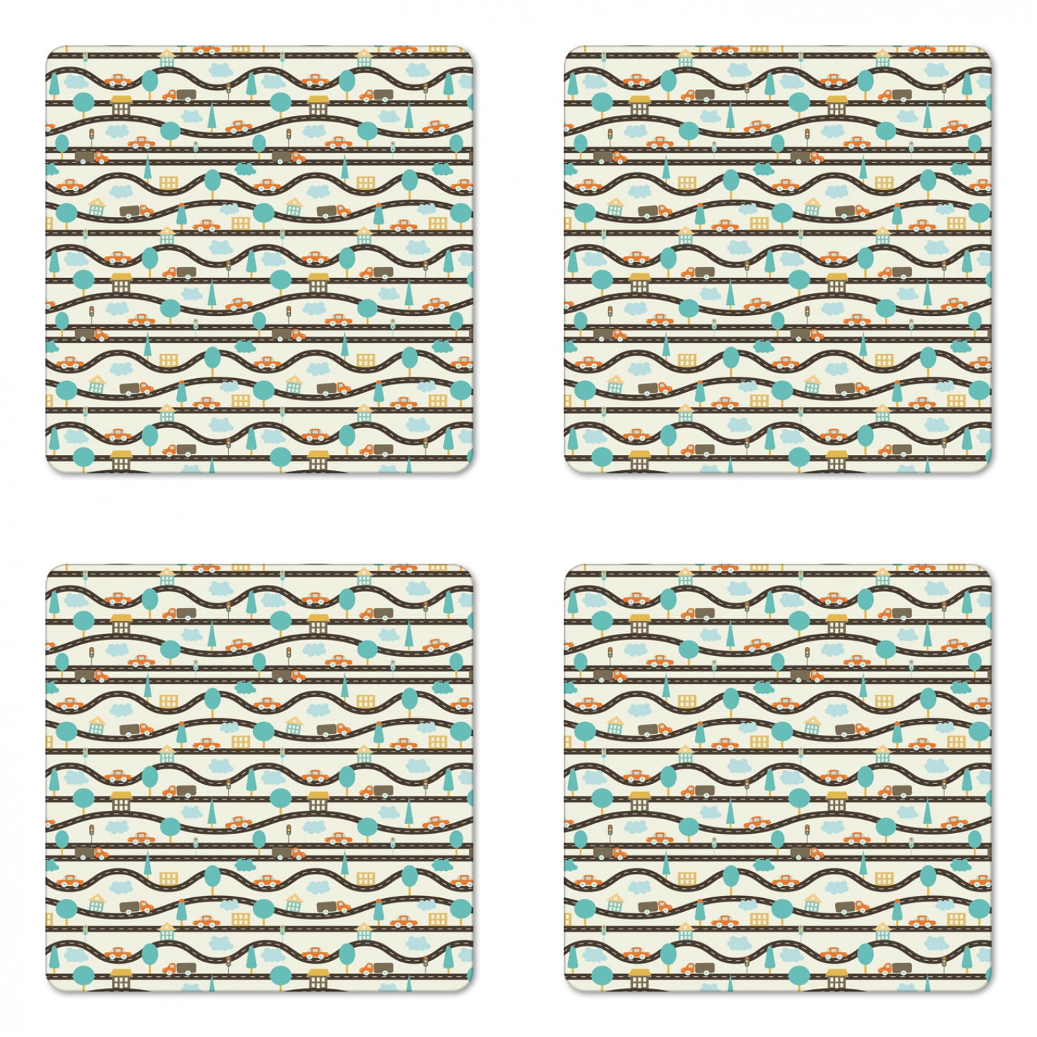 Nursery Coaster Set of 4, Print of Wavy Roads Cars Traffic Signs and ...