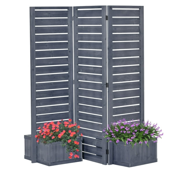 Freestanding Outdoor Privacy Screen, 4 Self-Draining Planters, Gray ...