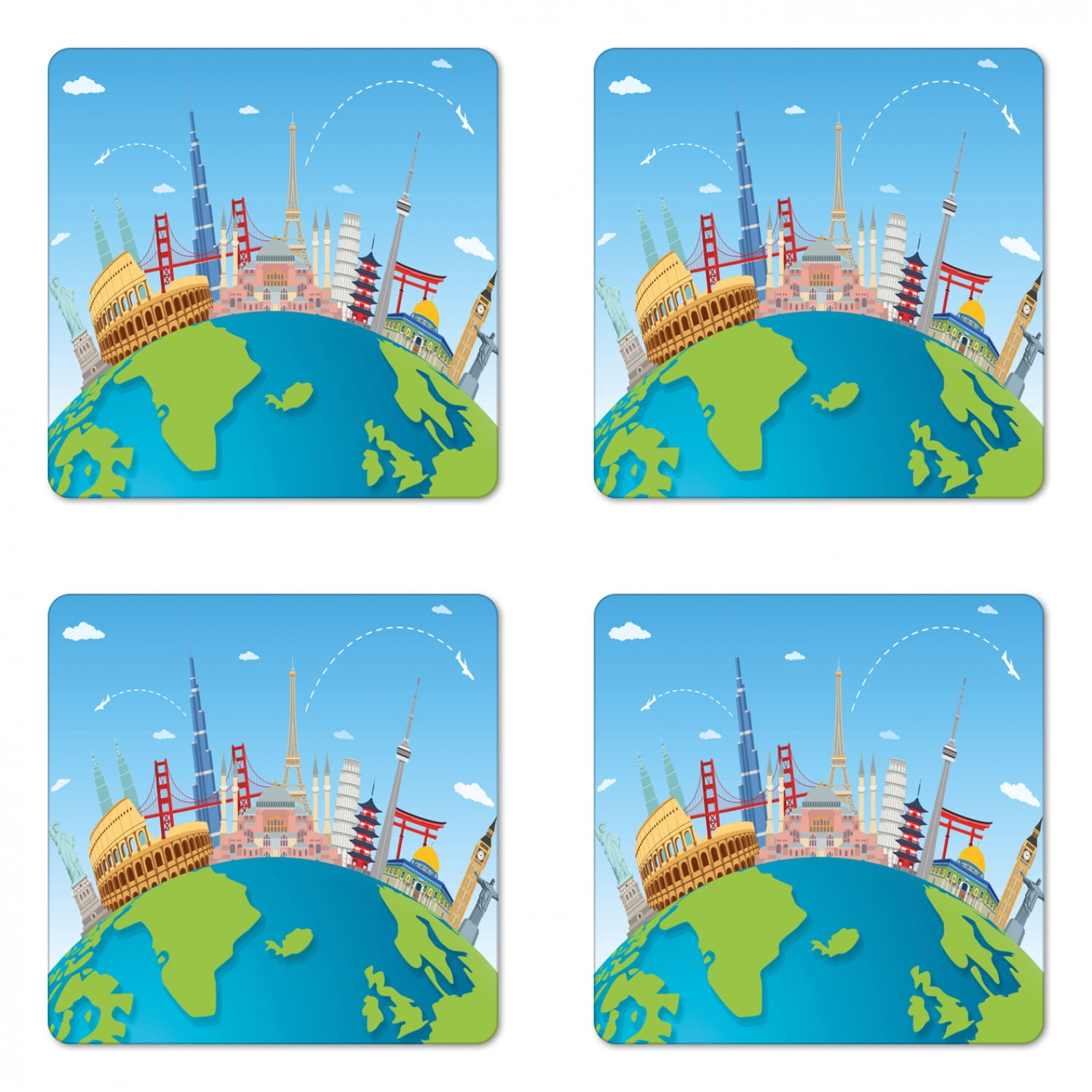 Travel Coaster Set of 4, Explore the World Themed Graphic with Famous ...