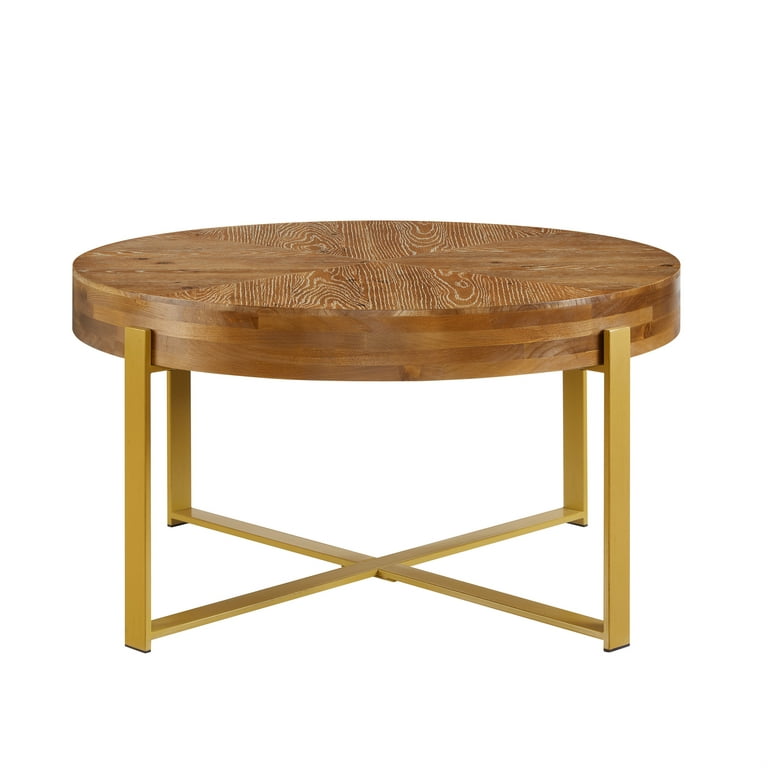 Gexpusm 32 Round Wood Coffee Table for Living Room Mid Century Modern Farmhouse Round Coffee Table with Gold Metal Legs Brown