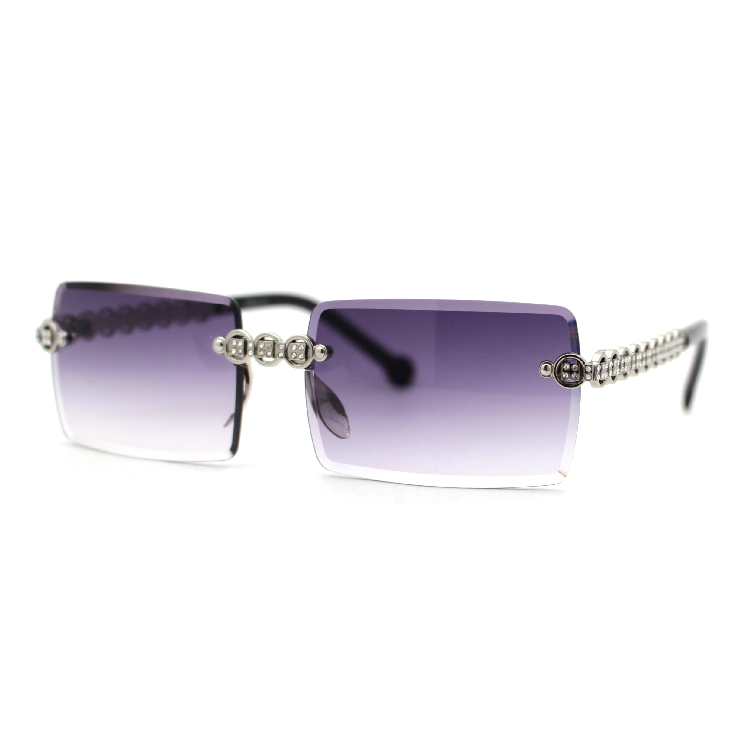 Heavy Rhinestone Chain Jewel Rimless OG Rapper Sunglasses Silver Smoke ...