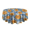Blue Orange Sunflower Leaf Pattern Round Tablecloth 60"x60",Wrinkle ...