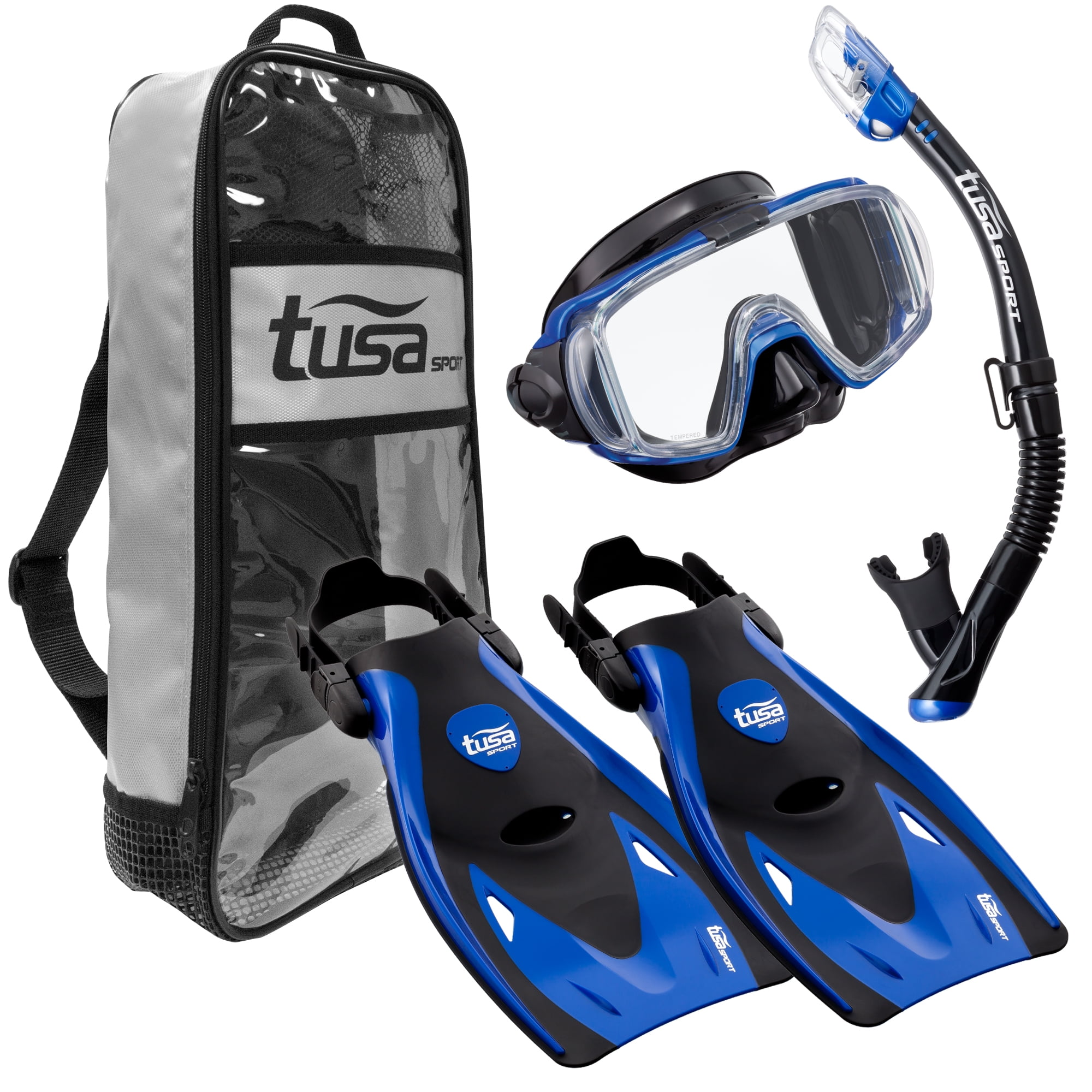 TUSA Sport Adult Visio Tri-Ex Mask, Dry Snorkel, and Fins Travel Set ...