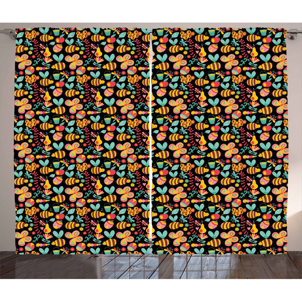 Bee Curtains 2 Panels Set, Graphic Summer Composition with Honeycomb ...