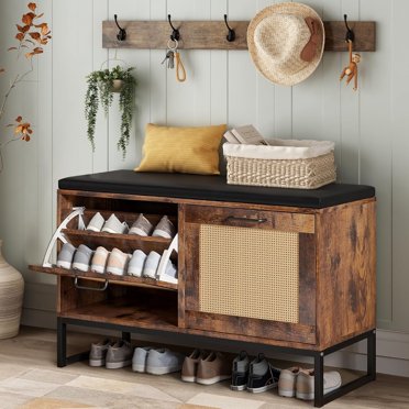 HOMCOM Wood Shoe Bench Organizer with Closed Storage Cabinets, Cushion ...