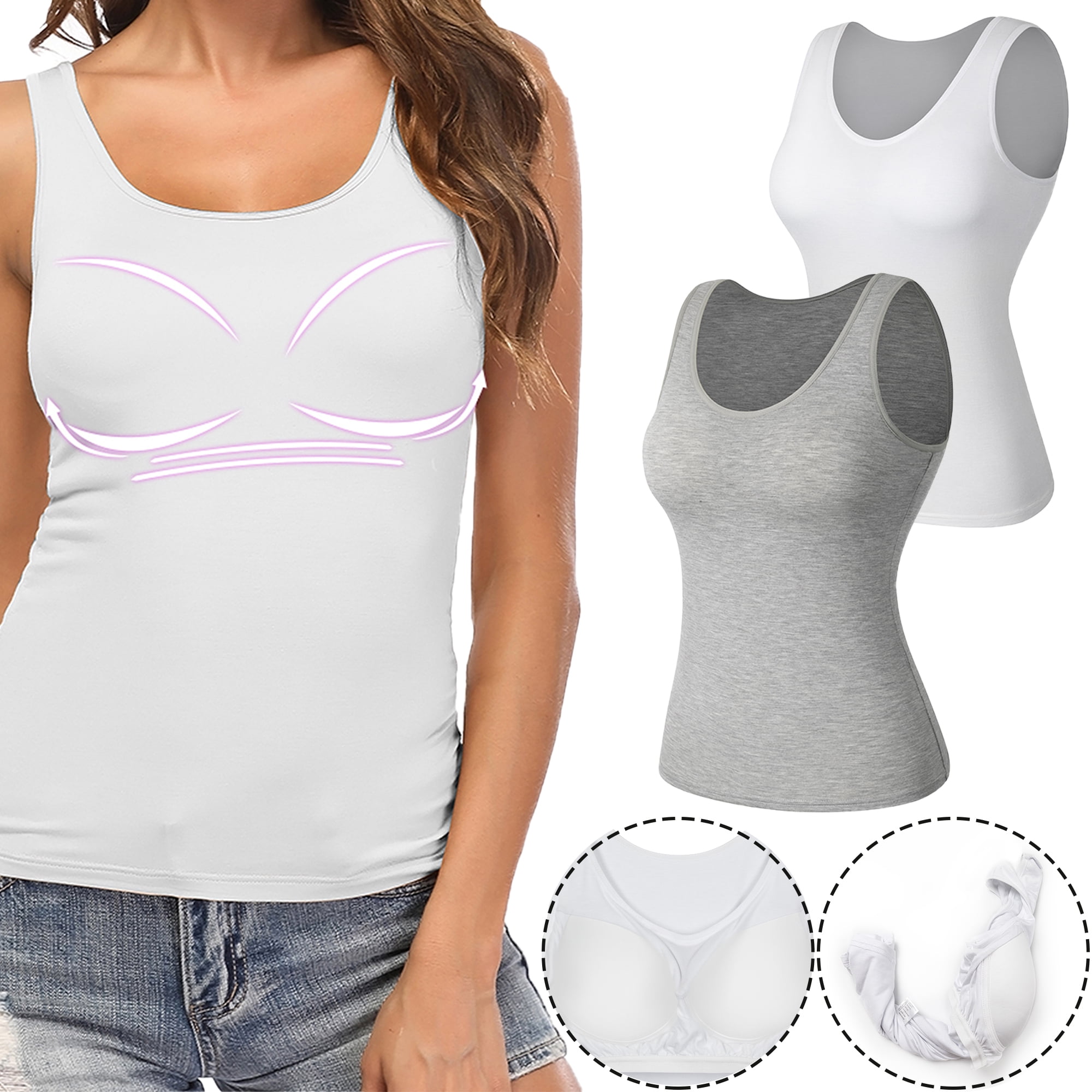 QRIC Tank Tops with Built in Bras for Women Wider Strap Stretch Camisoles Activewear of 2 Pack ...