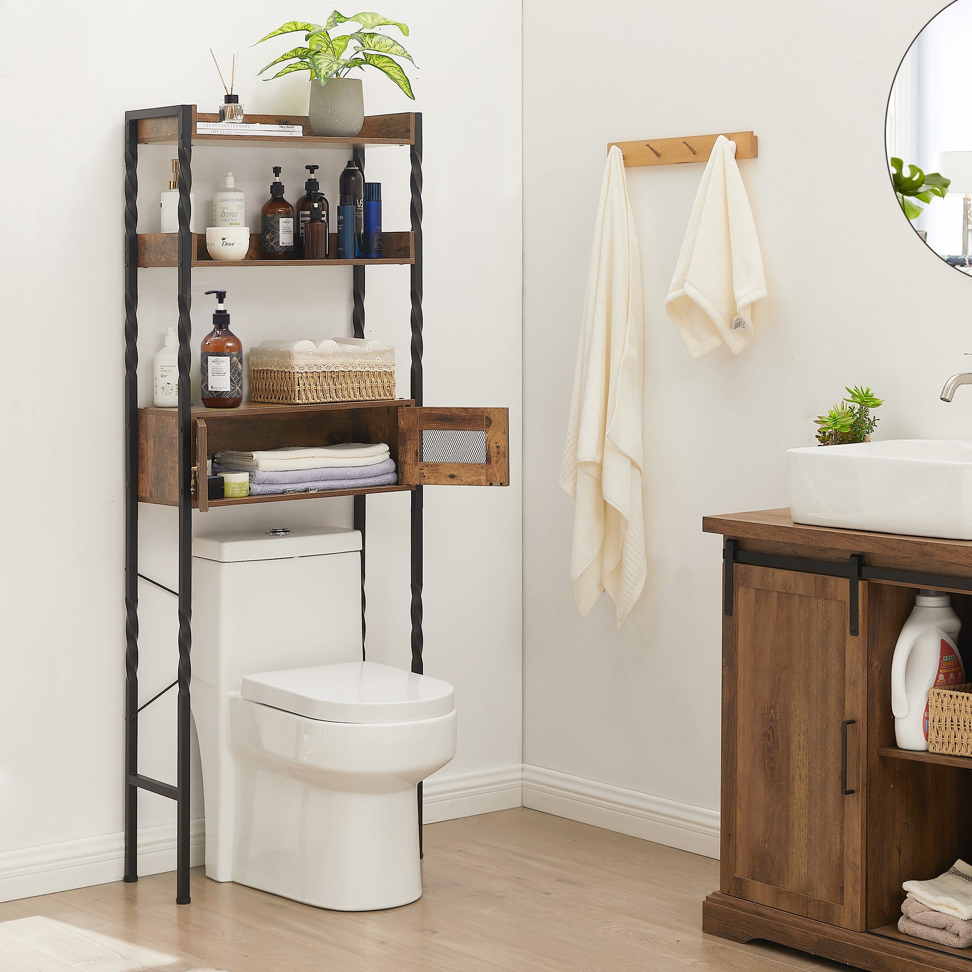 VECELO Over The Toilet Storage Rack with Dual Door, 3-Tier Storage ...