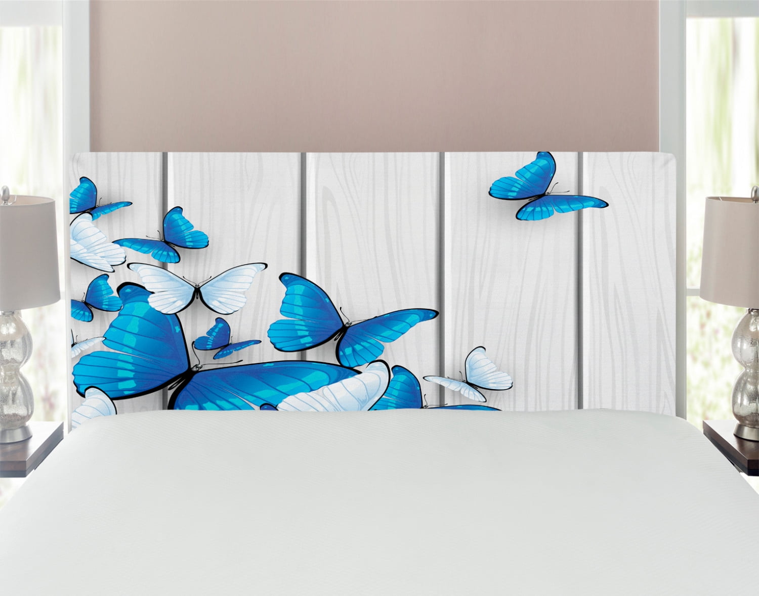 Butterflies Headboard, Blue and White Butterflies on Wooden Background ...