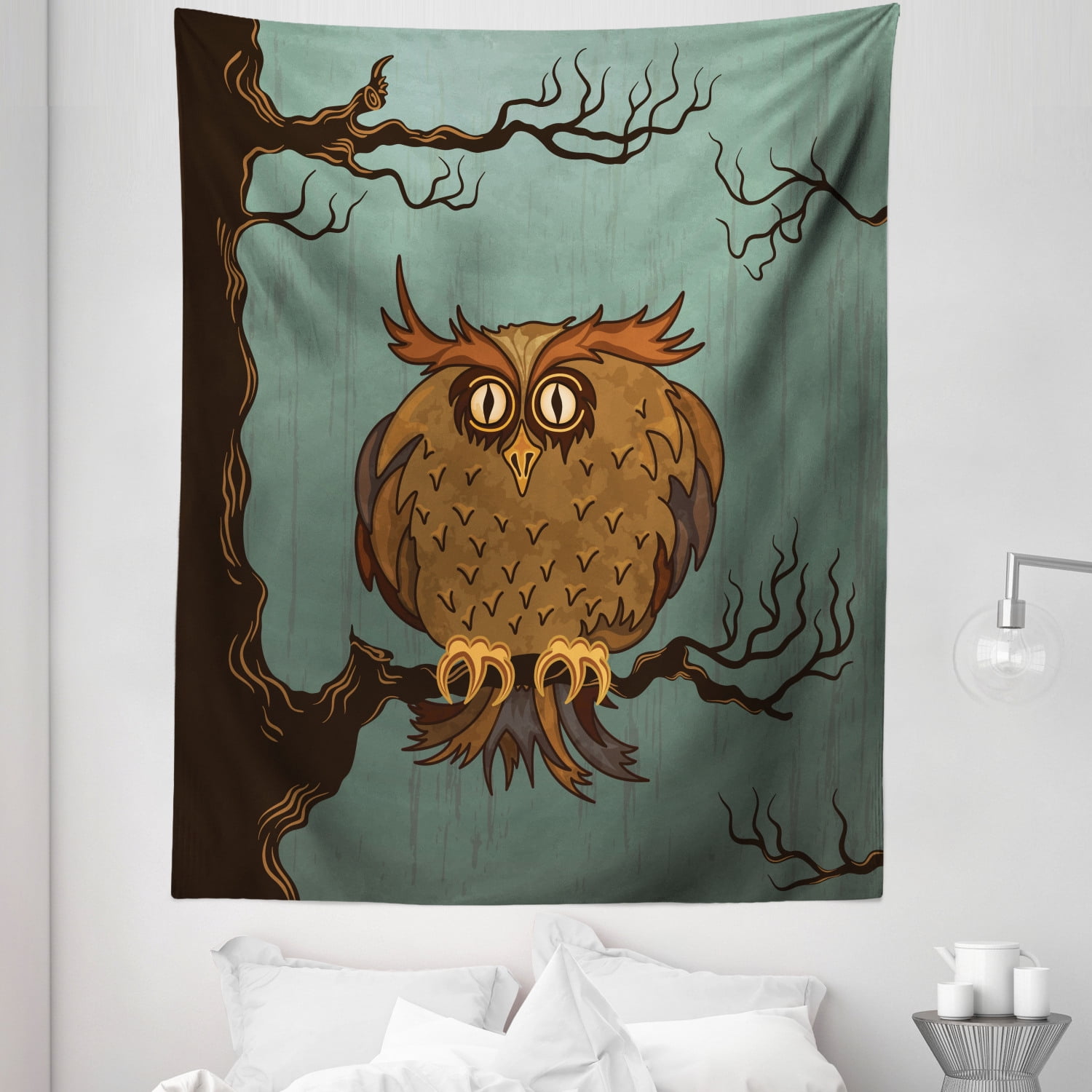 Animal Tapestry, Exhausted Hangover Tired Owl in Oak Tree with Eyebrows ...