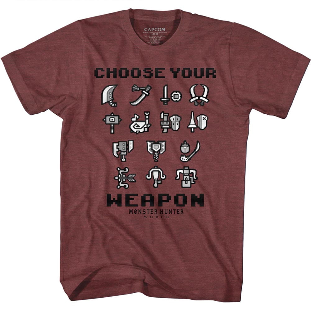 Monster Hunter Choose Your Weapon Vintage Maroon Heather Adult T-Shirt ...
