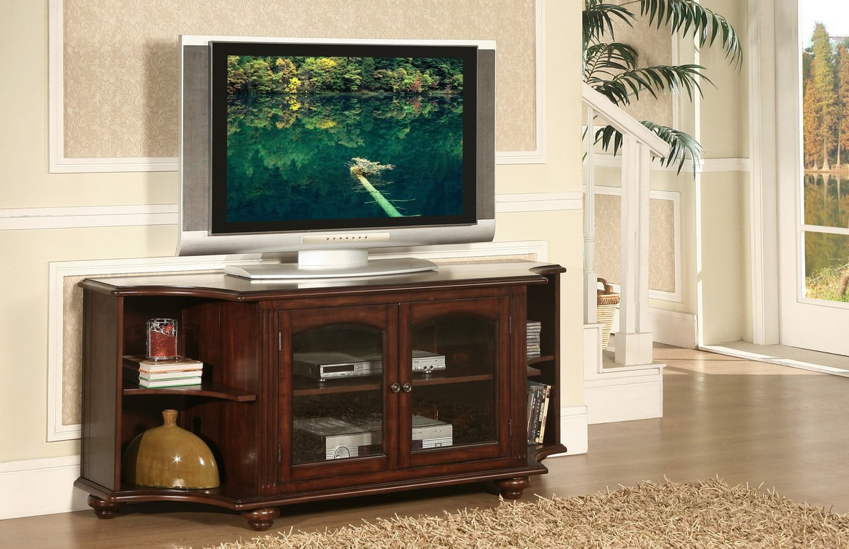 Concave 2 Door And 4 Side Shelved Wooden TV Stand IN Wood, Cherry Brown ...