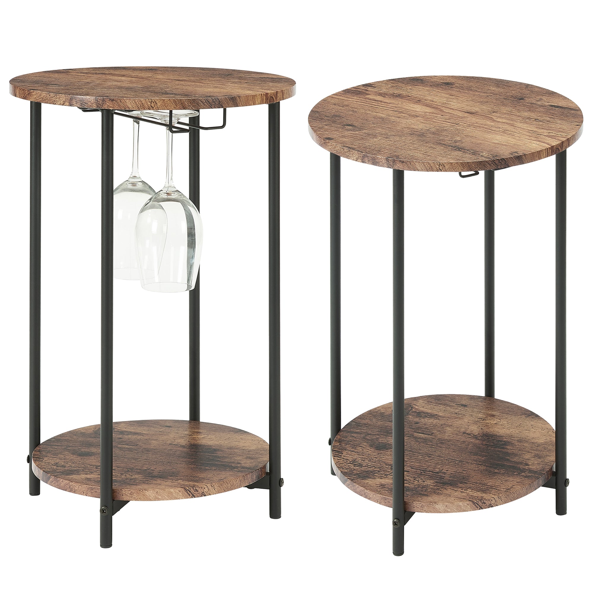VECELO Set of 2 Round End Table with Glass Holder Rack, Wooden Accent ...