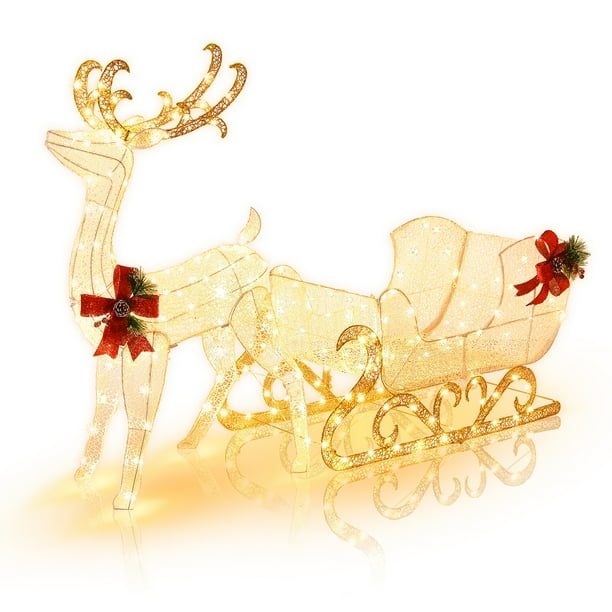 Costway 6 FT Christmas Lighted Reindeer & Santa's Sleigh W/ 215 LED ...