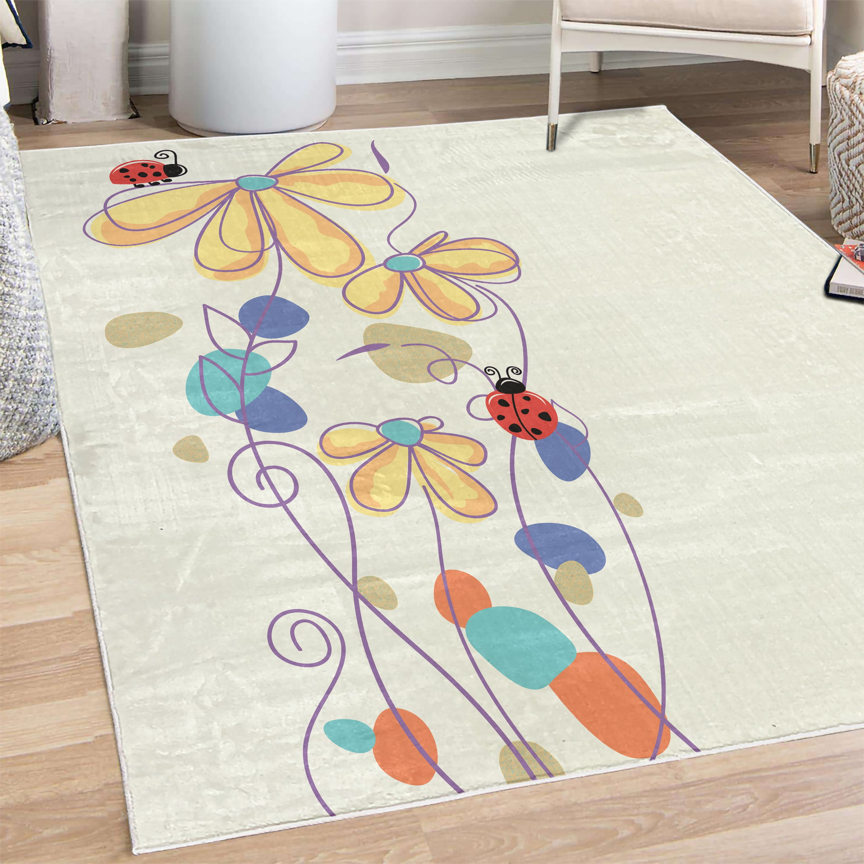 Spring Decorative Rug, Flowers Oval Dome-Shaped Ladybugs Illustration ...