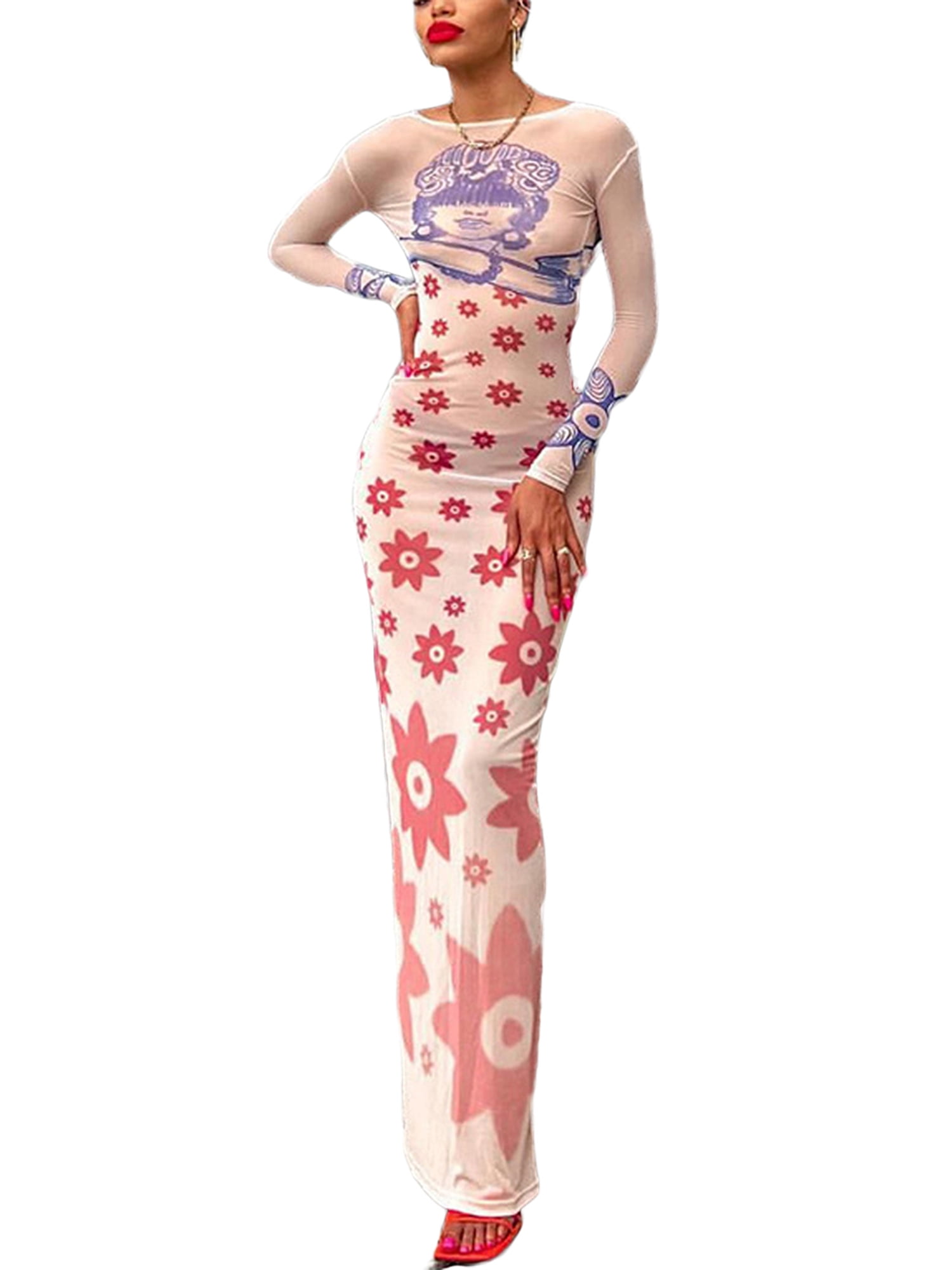 KOMOO Women See Through Mesh Bodycon Dress Portrait Print Long Sleeve ...