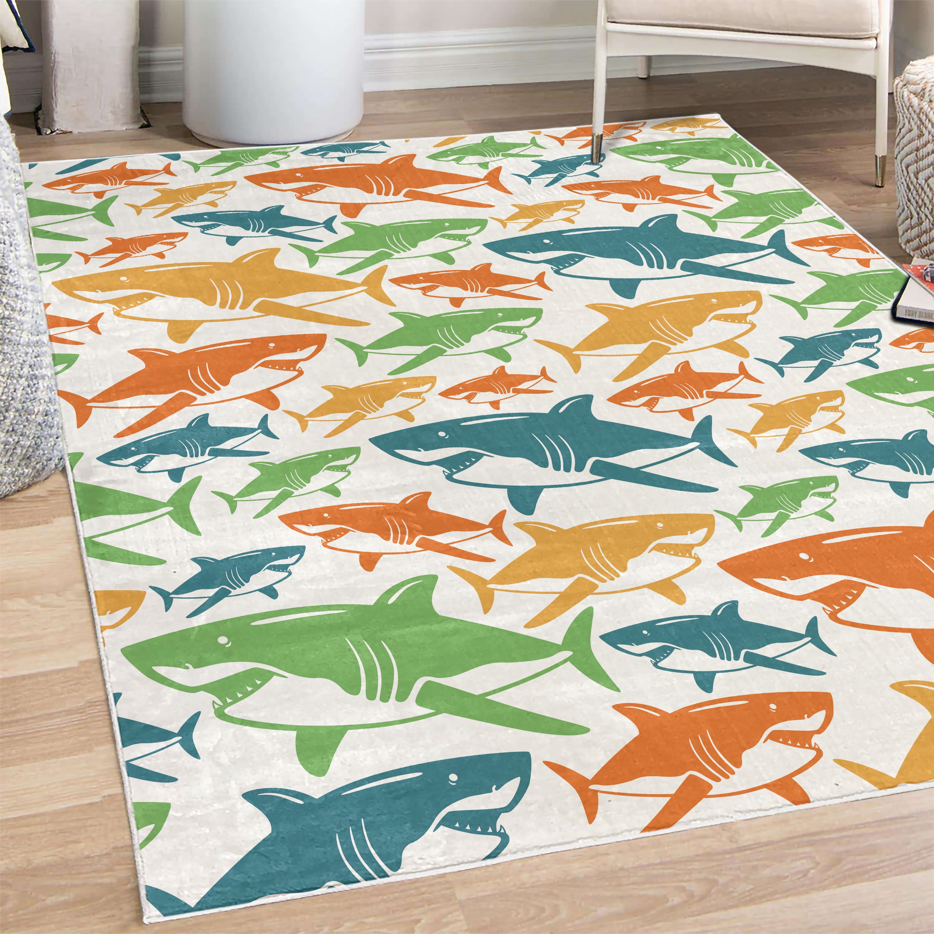 Shark Decorative Rug, Colorful Underwater Fish Pattern Masters Survival ...