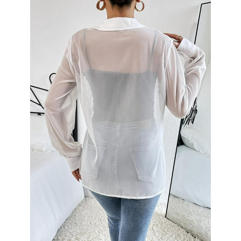 DanceeMangoo Women's Sheer Mesh Button Up Shirt Long Sleeve DanceeMangoo Women's Sheer Mesh Button Up Shirt Long Sleeve