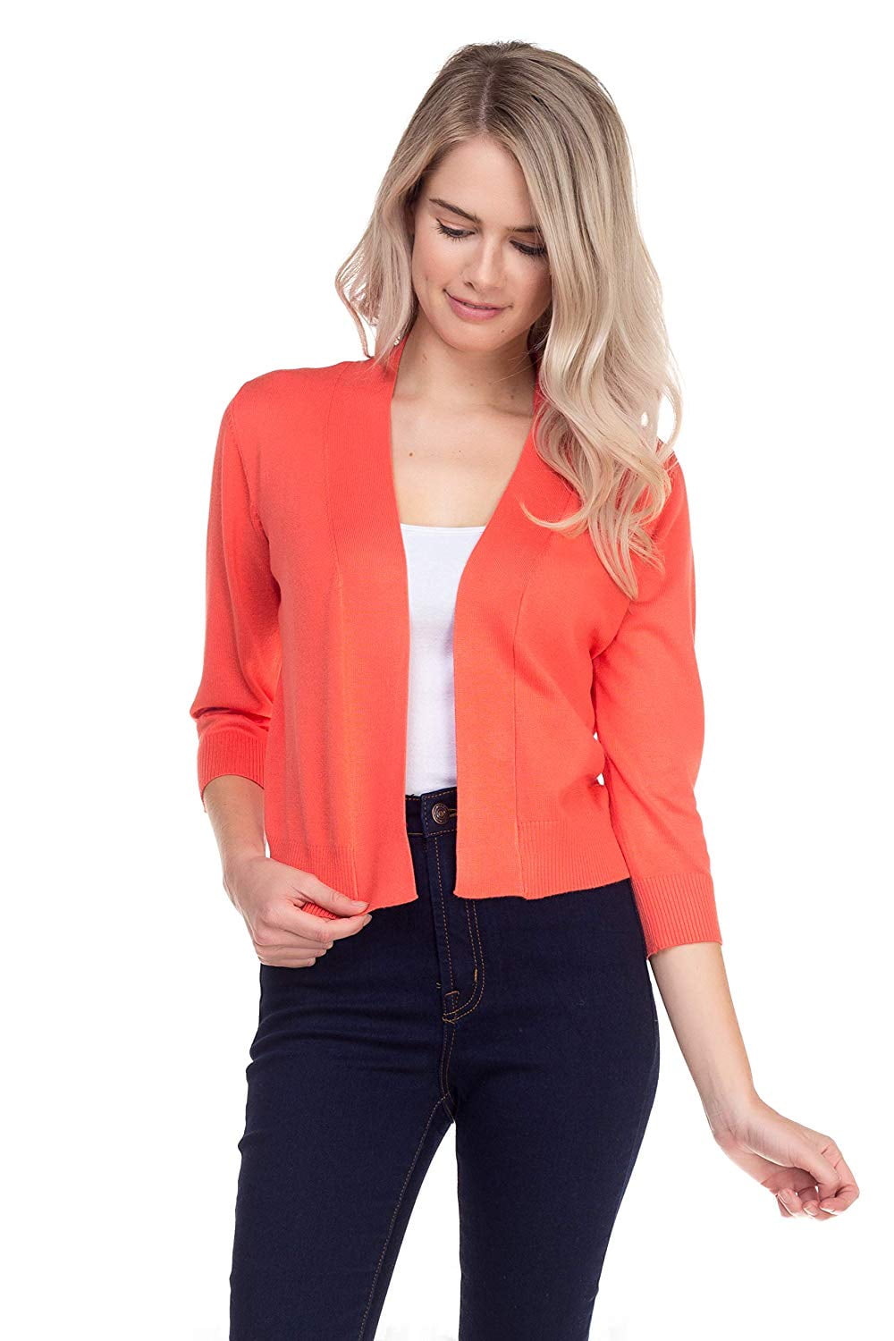 Women 3 4 Sleeve Solid Open Bolero Cropped Cardigan Shrug Orange
