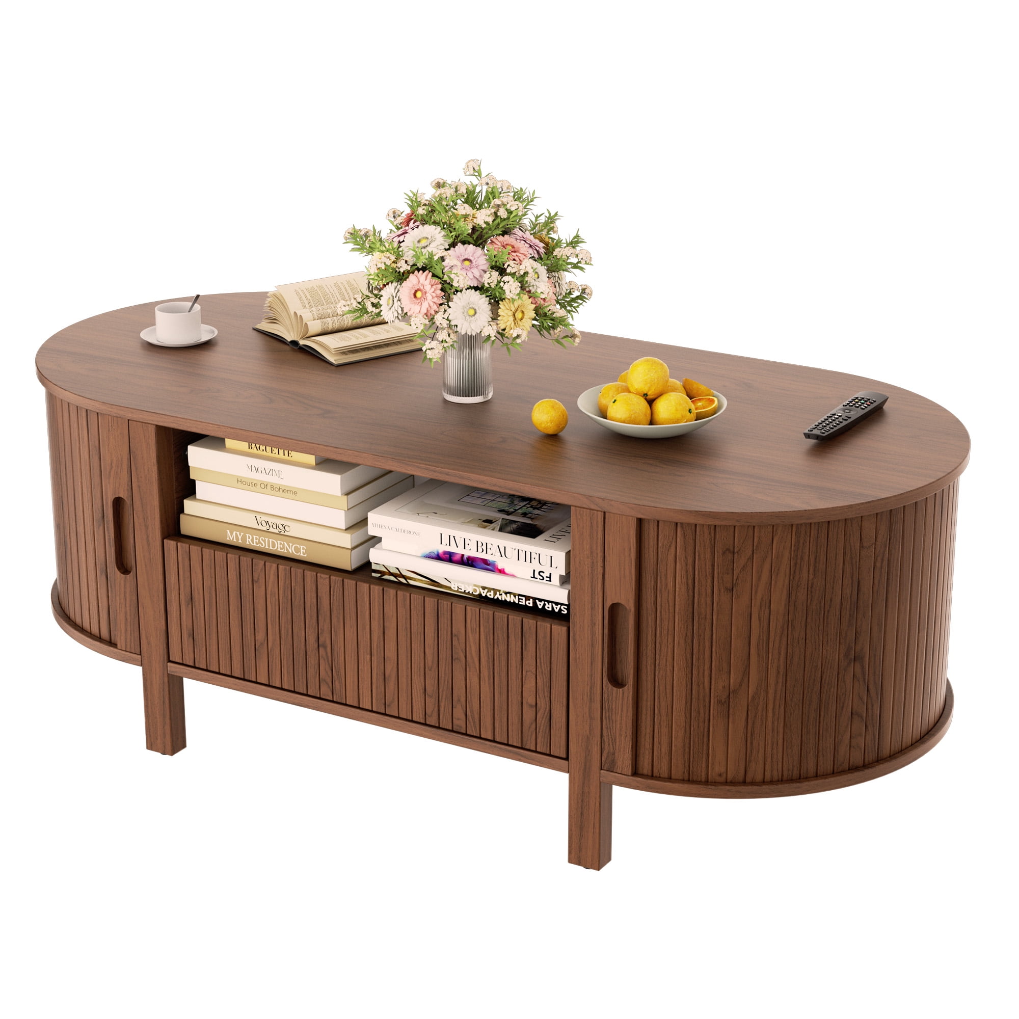 MARNUR Coffee Table with Storage and Tambour Sliding Door, Mid Century ...