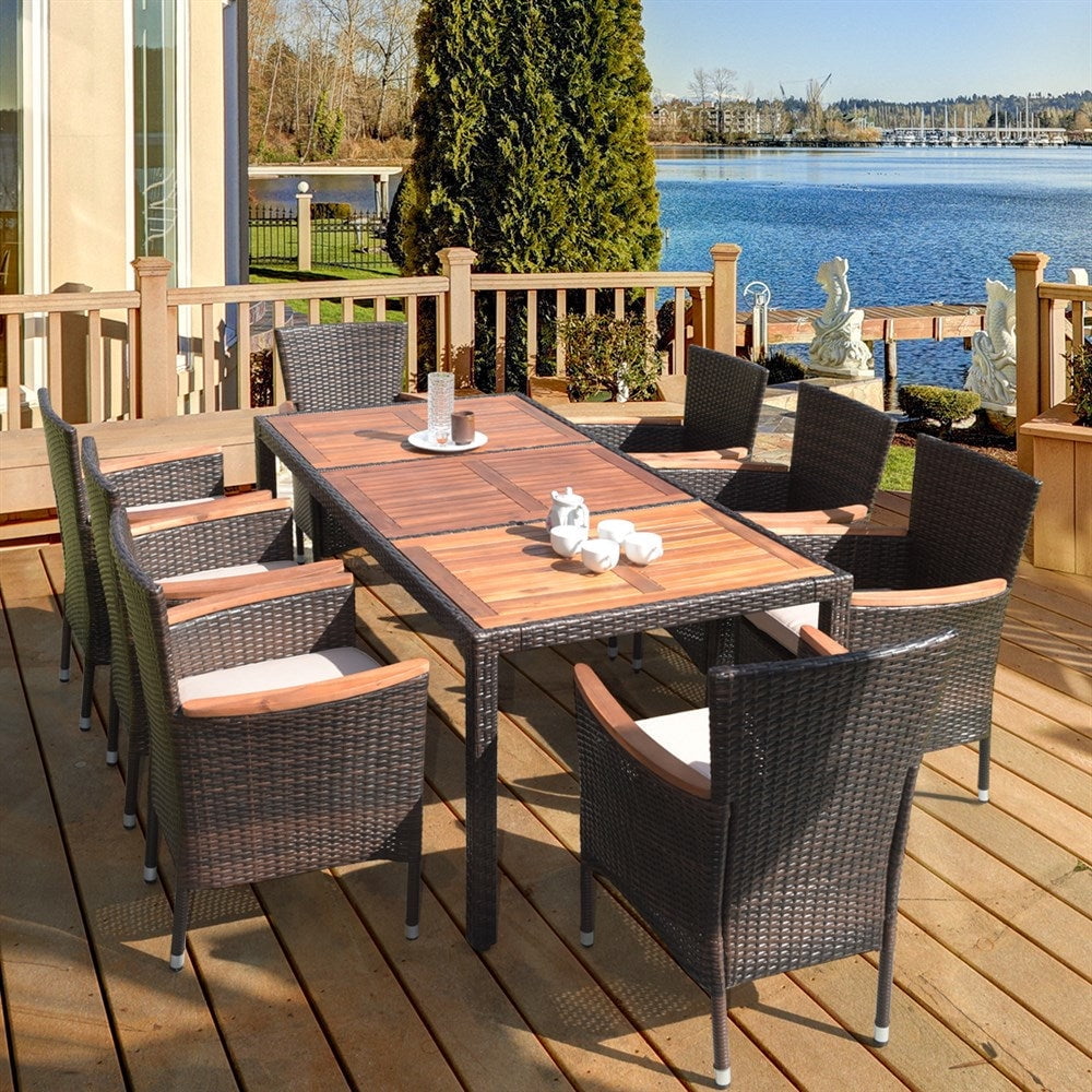 9PCS Patio Rattan Dining Set 8 Chairs Cushioned Acacia Table Top - Walmart.com