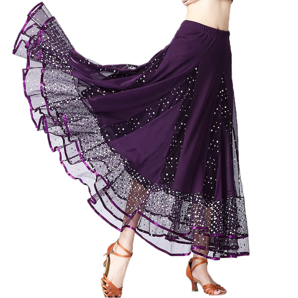 YM YOUMU Women Sequins Mesh Ruffle Ballroom Latin Dance Skirt Elastic ...
