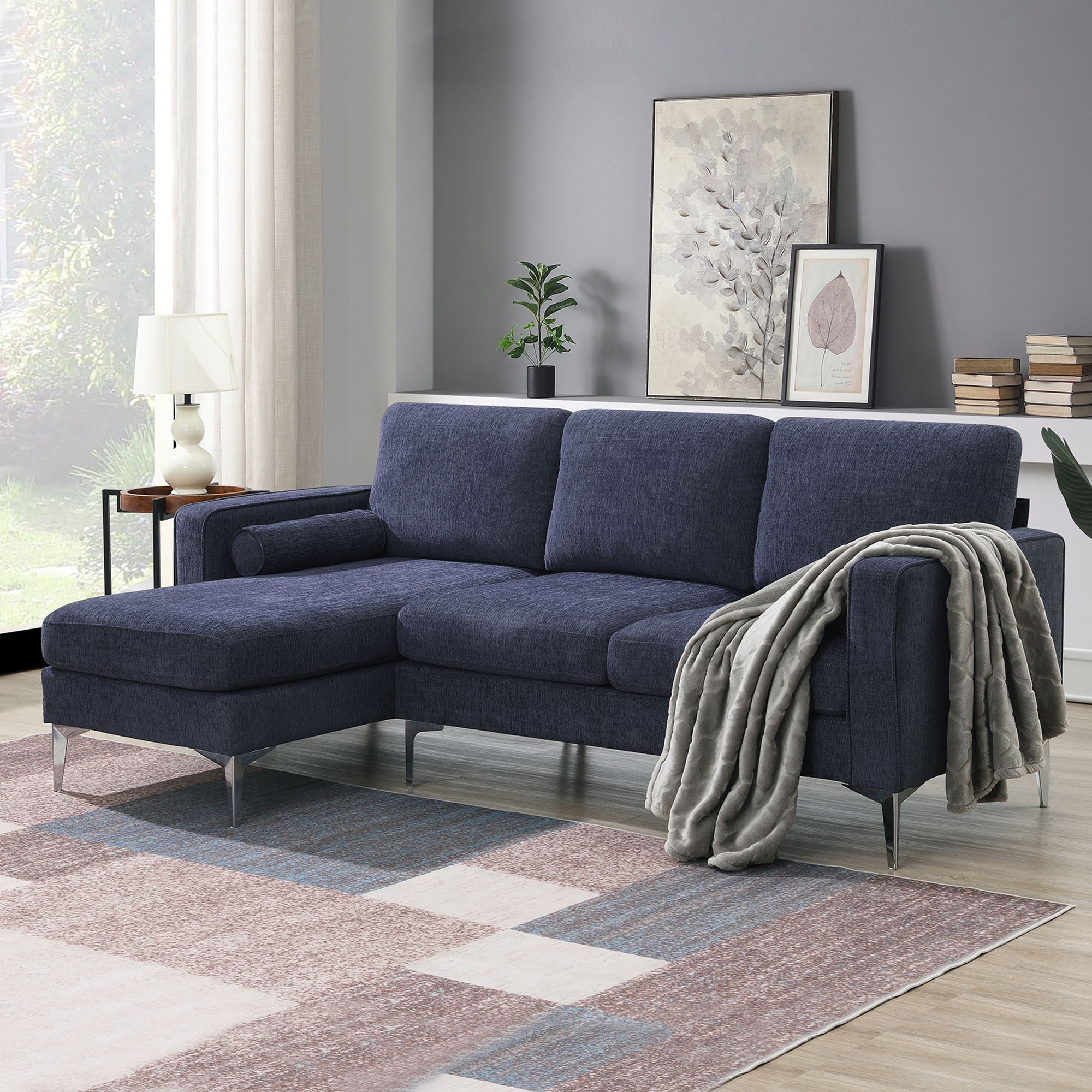 Convertible Sectional Sofa Bed with 2 Pillows, Modern Chenille Fabric ...