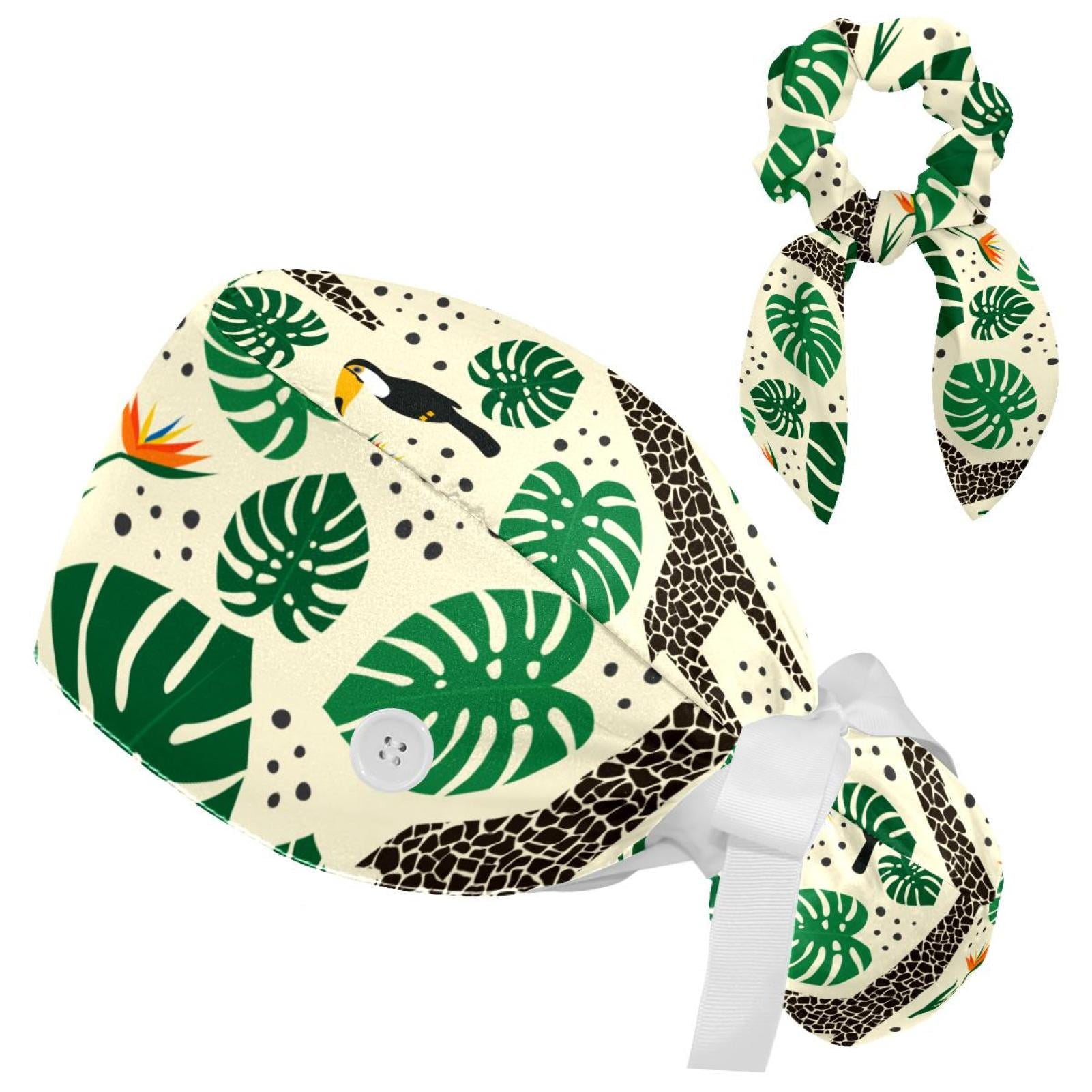Working Cap with Buttons and Sweatband Scrub Hat Bouffant Caps with Scrunchie Leaf Giraffe ...