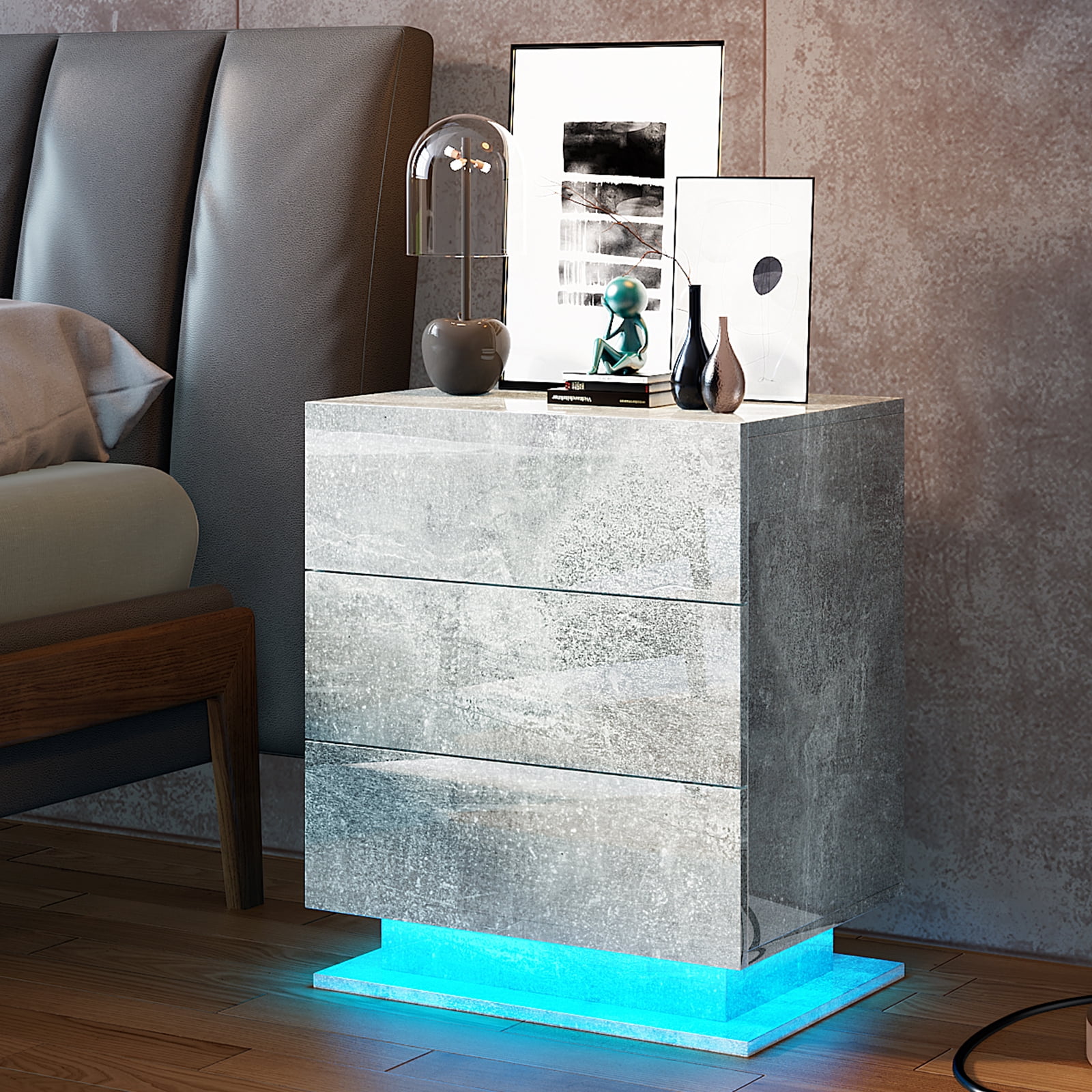 Hironpal LED Nightstand, Modern Bedside Table with 3 Drawers and RGB ...