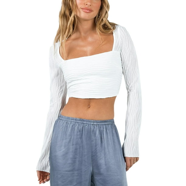 Qiylii Women Square Neck Long Sleeve Crop Top Corset Tops Low Cut Rib ...