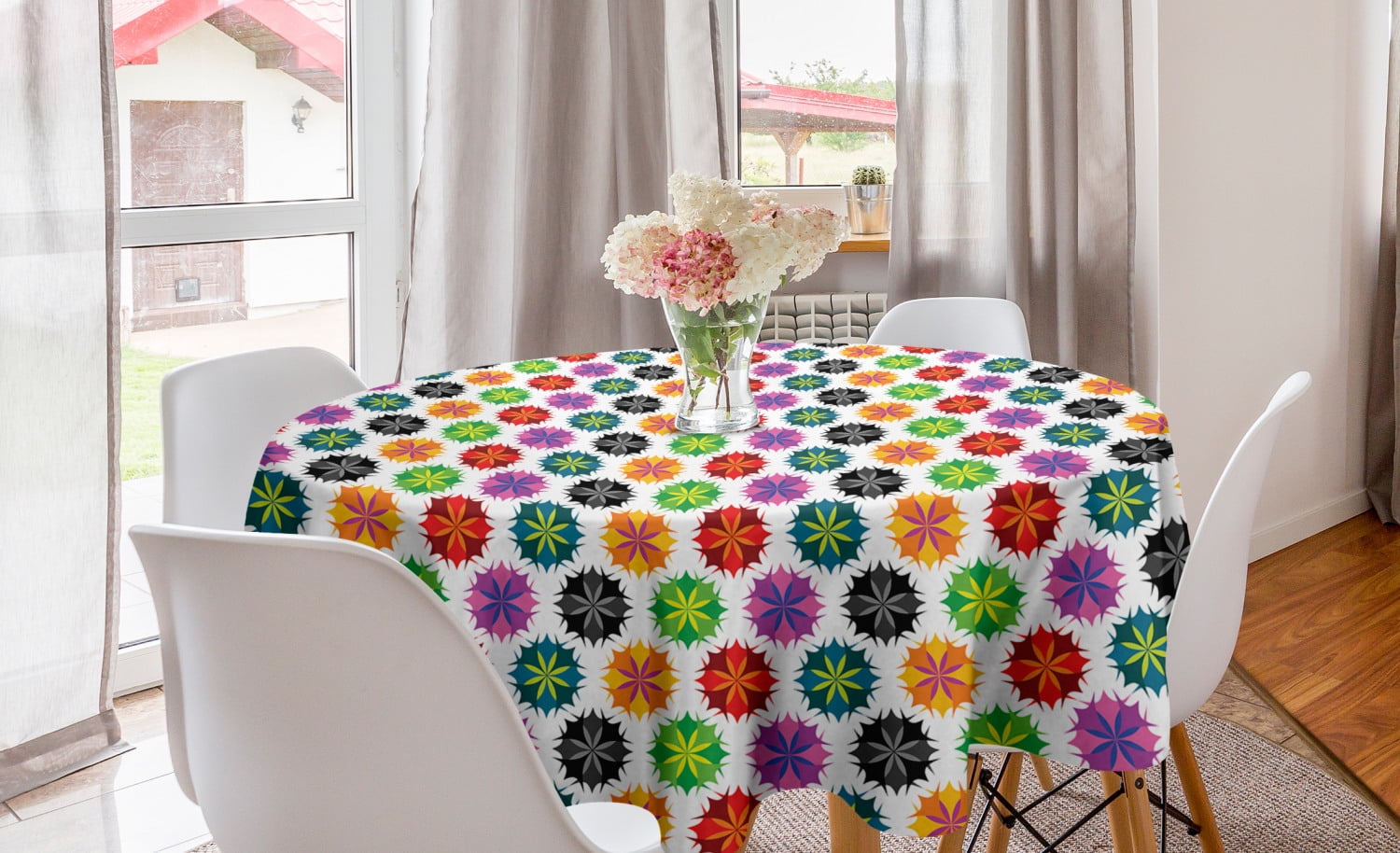 Colorful Round Tablecloth, Vibrant Colored Abstract Floral with Sharp ...