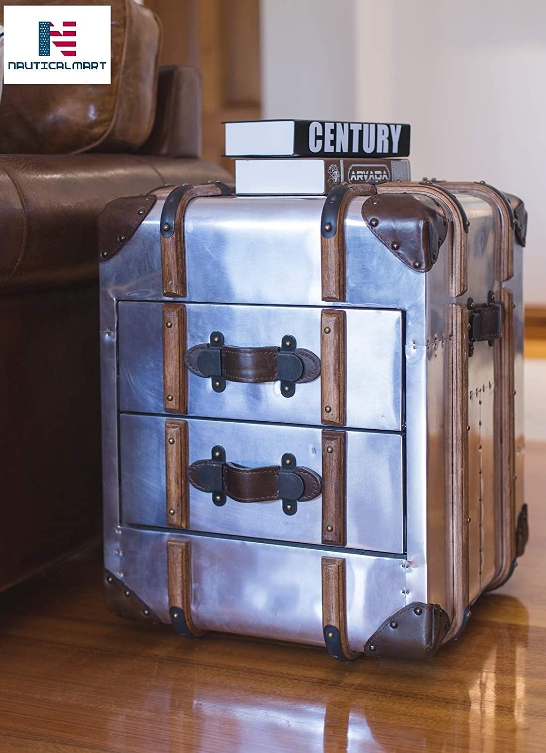 NauticalMart aviator luggage trunk side table, soft close drawers for ...