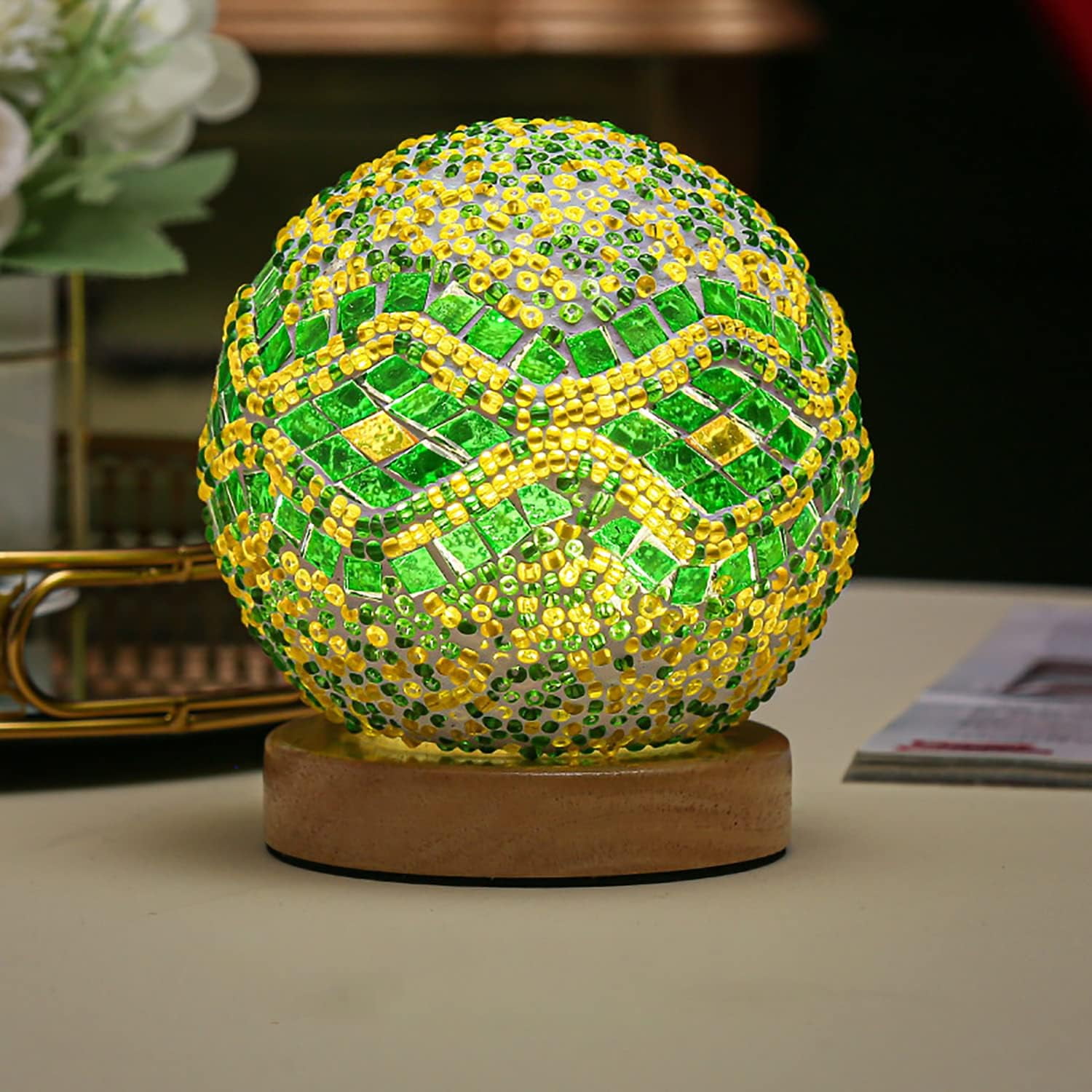 LINLIN Romantic Night Light, Nordic Style Mosaic Glass Table Lamp ...