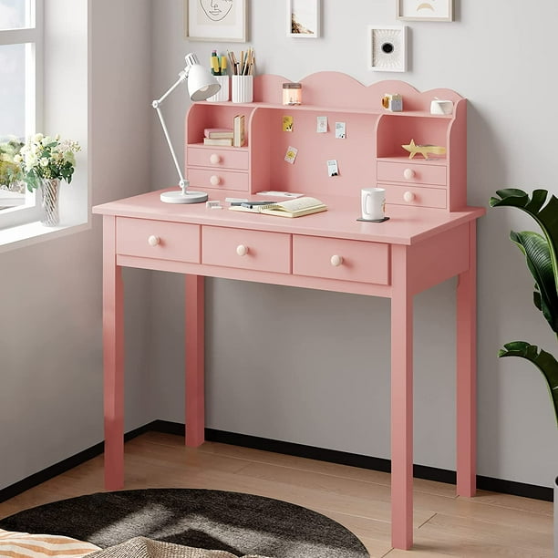 36.2 inch Pink Writing Desk with Drawers, Study Desk with Hutch,Girls ...