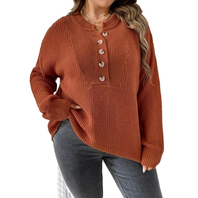 Casual Plain Round Neck Pullovers Long Sleeve Rust Brown Plus Size