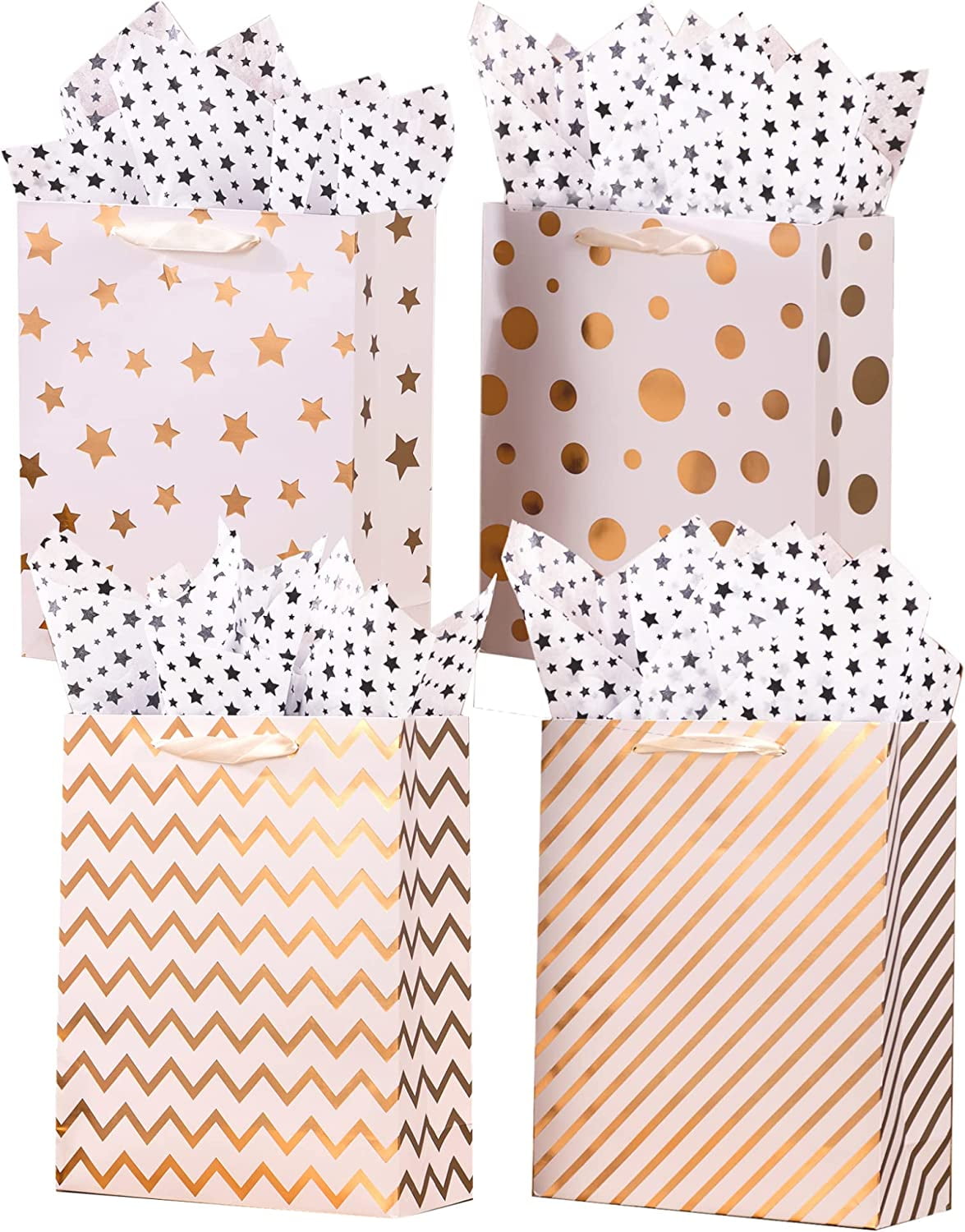 SHIPKEY 12 Pack Large Gift Bags with Gold Stars and Polka Dots, 13 ...