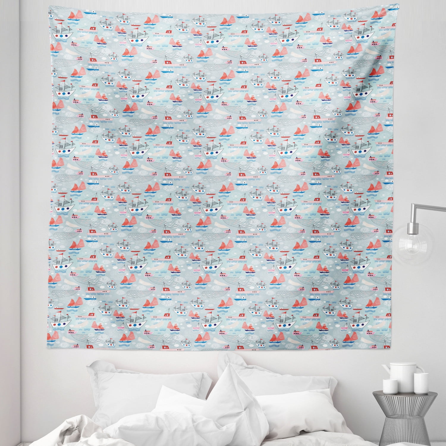 Naval Tapestry, Summer Season Composition Ships on the Sea Pattern with ...