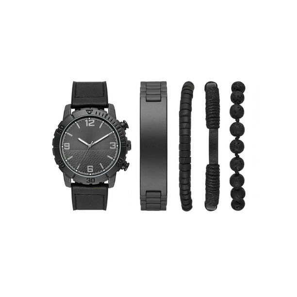 Folio Men's Gunmetal Round Analog Watch with Black Faux Leather and ...