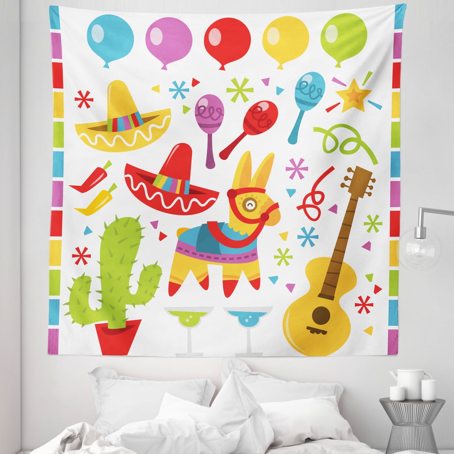 Fiesta Tapestry, Mexican Party Pattern Cactus Sombrero Musical Items ...