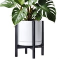 Ceramic Planter with Ebony Stand - 12 Inch Modern Round Flower Pot with ...
